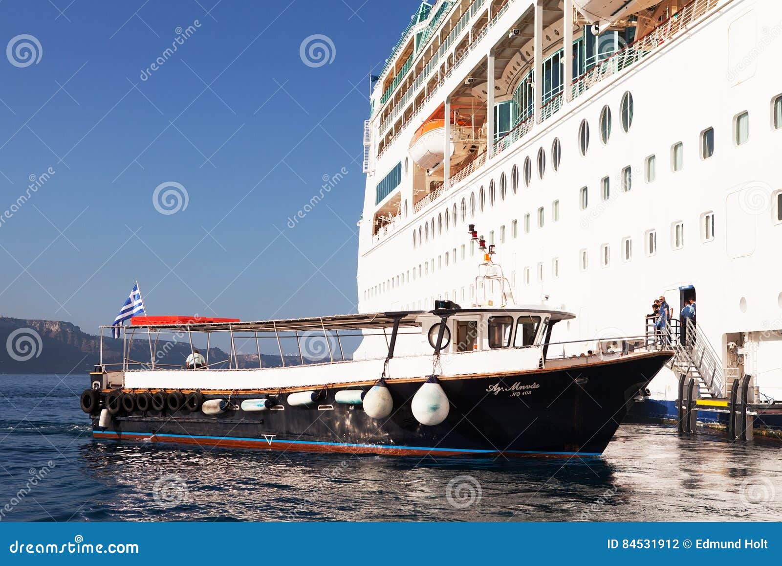 Cruise Ship and Tender, Santorini Editorial Photography - Image of boat ...
