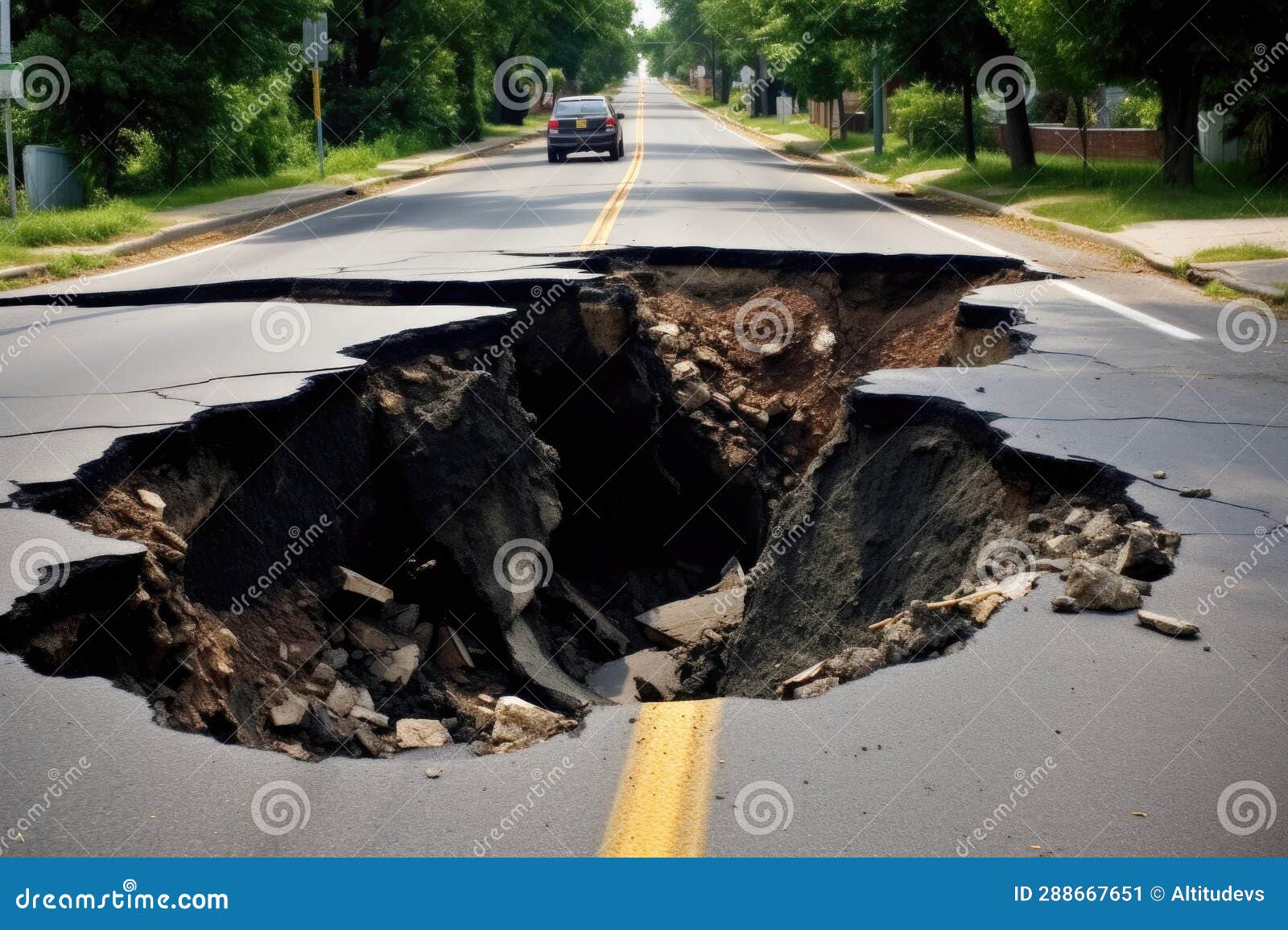Crumbling Asphalt As a Sinkhole Emerges on a Road Stock Image - Image ...