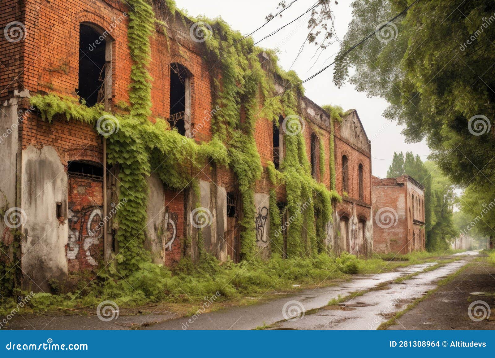 Crumbling Brick Buildings with Vines Overtaking Walls Stock ...