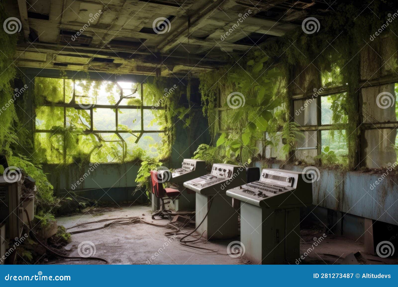 Crumbling Concrete Control Room with Overgrown Vegetation Stock ...