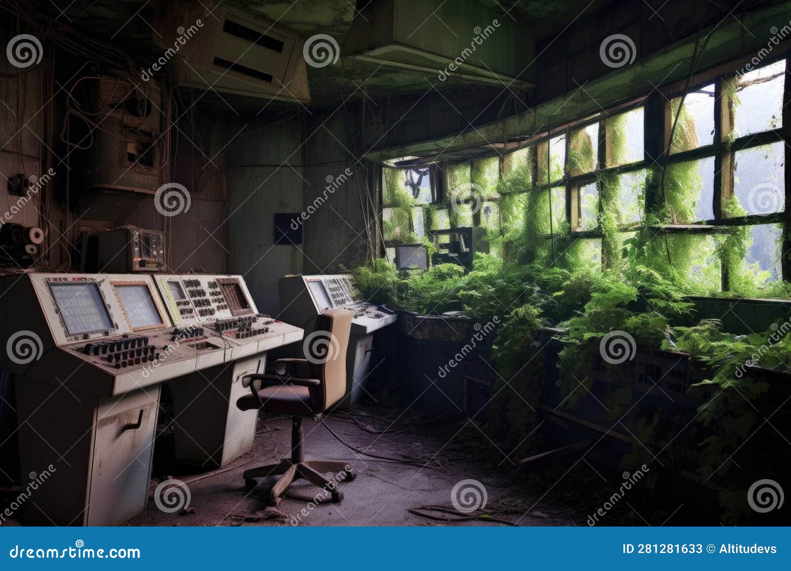 Crumbling Concrete Control Room with Overgrown Vegetation Stock ...