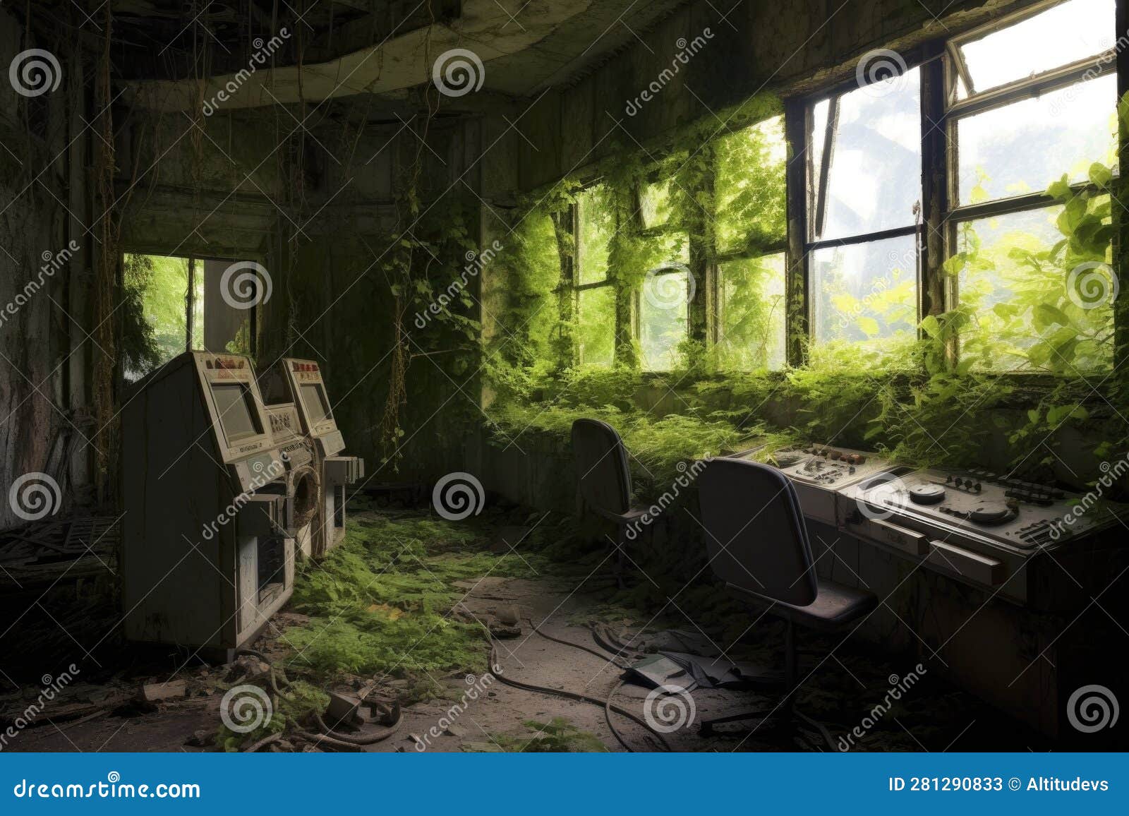 Crumbling Concrete Control Room with Overgrown Vegetation Stock ...