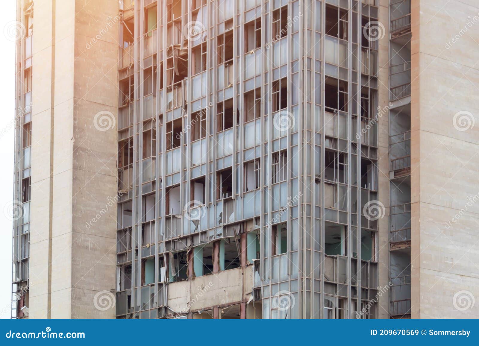 Crumbling Emergency Skeleton of Destroyed Building with Broken Windows ...