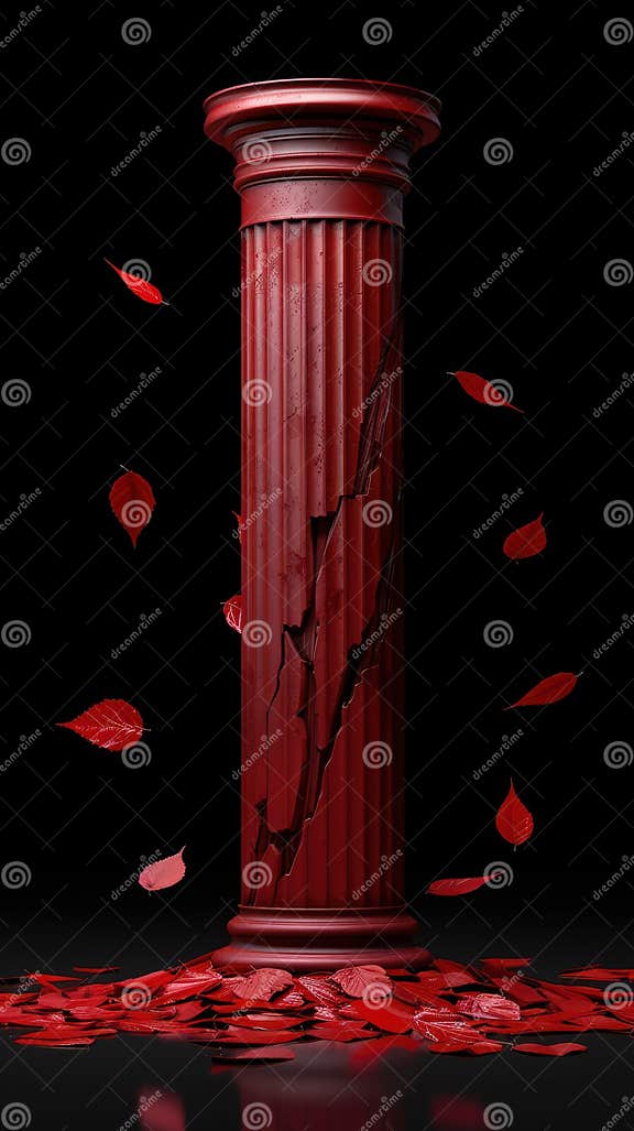 Crumbling Red Column with Fallen Leaves Stock Illustration ...