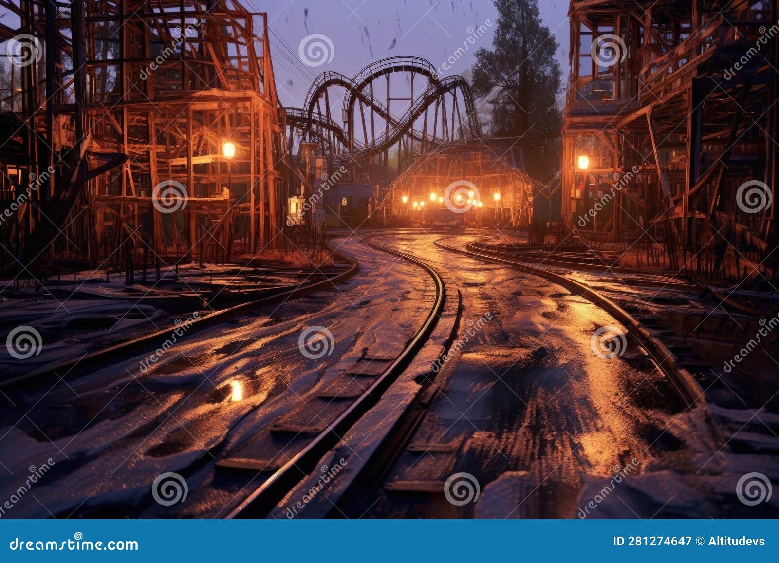 Crumbling Roller Coaster Tracks at Dusk Stock Illustration ...
