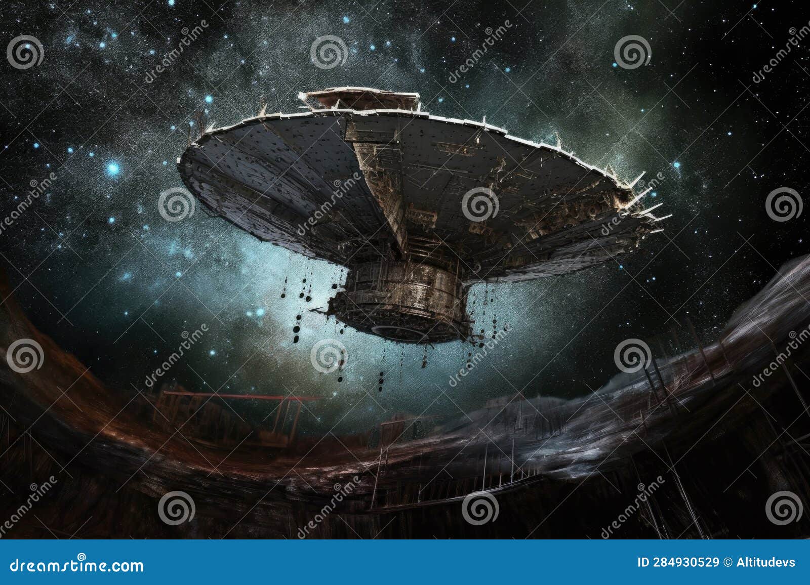 Crumbling Satellite Dish Floating in Space Void Stock Illustration ...