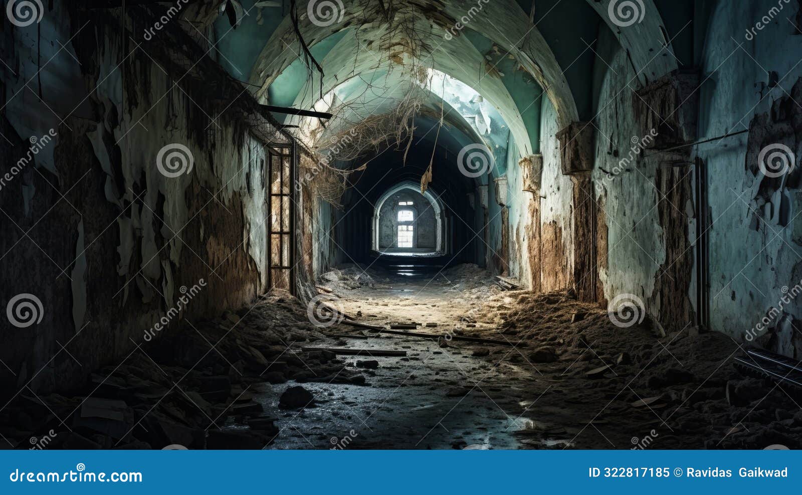 Crumbling Spooky Asylum Corridors, Echoes of Haunting Past Stock ...