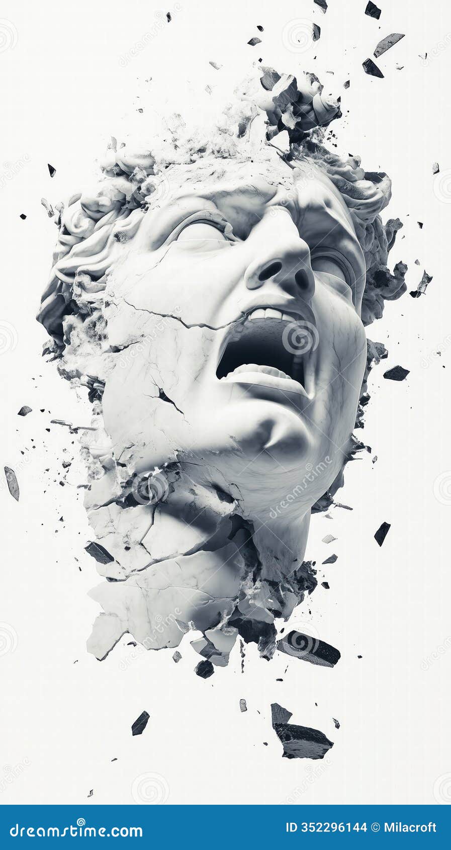 Crumbling Statue Head Expressing Anguish and Despair on White ...
