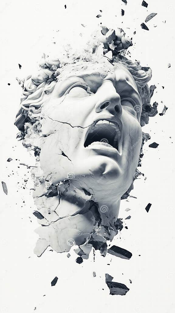 Crumbling Statue Head Expressing Anguish and Despair on White ...