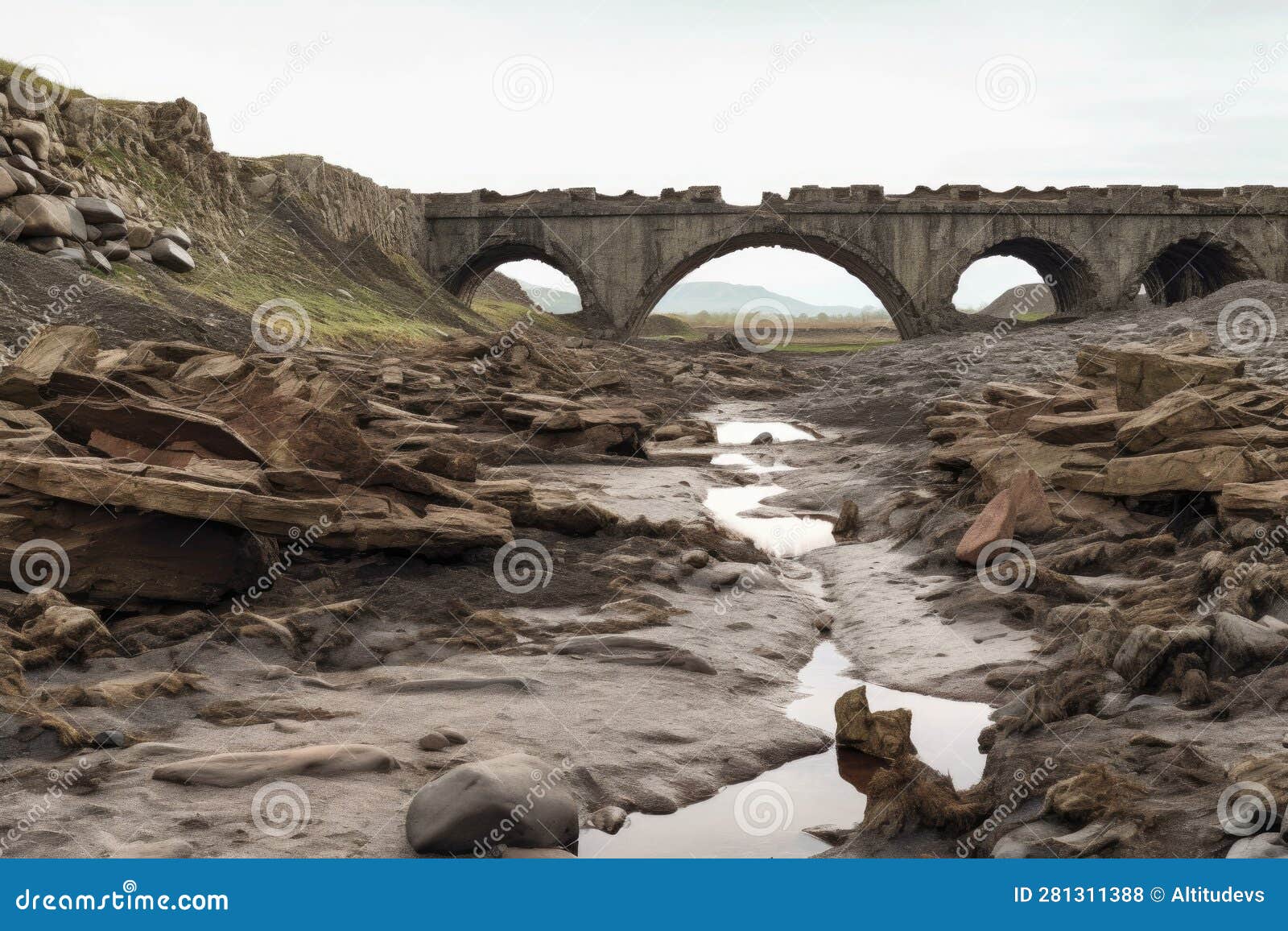 A Crumbling Stone Bridge Over a Dried-up Riverbed Stock Illustration ...
