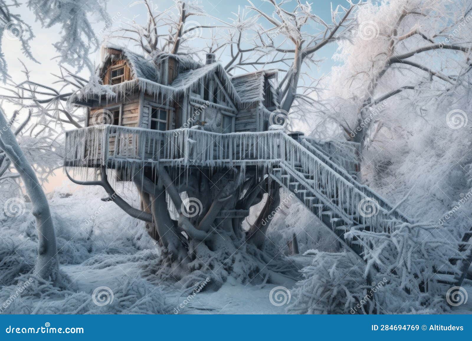 Crumbling Treehouse with Frost-covered Windows Stock Image - Image of ...