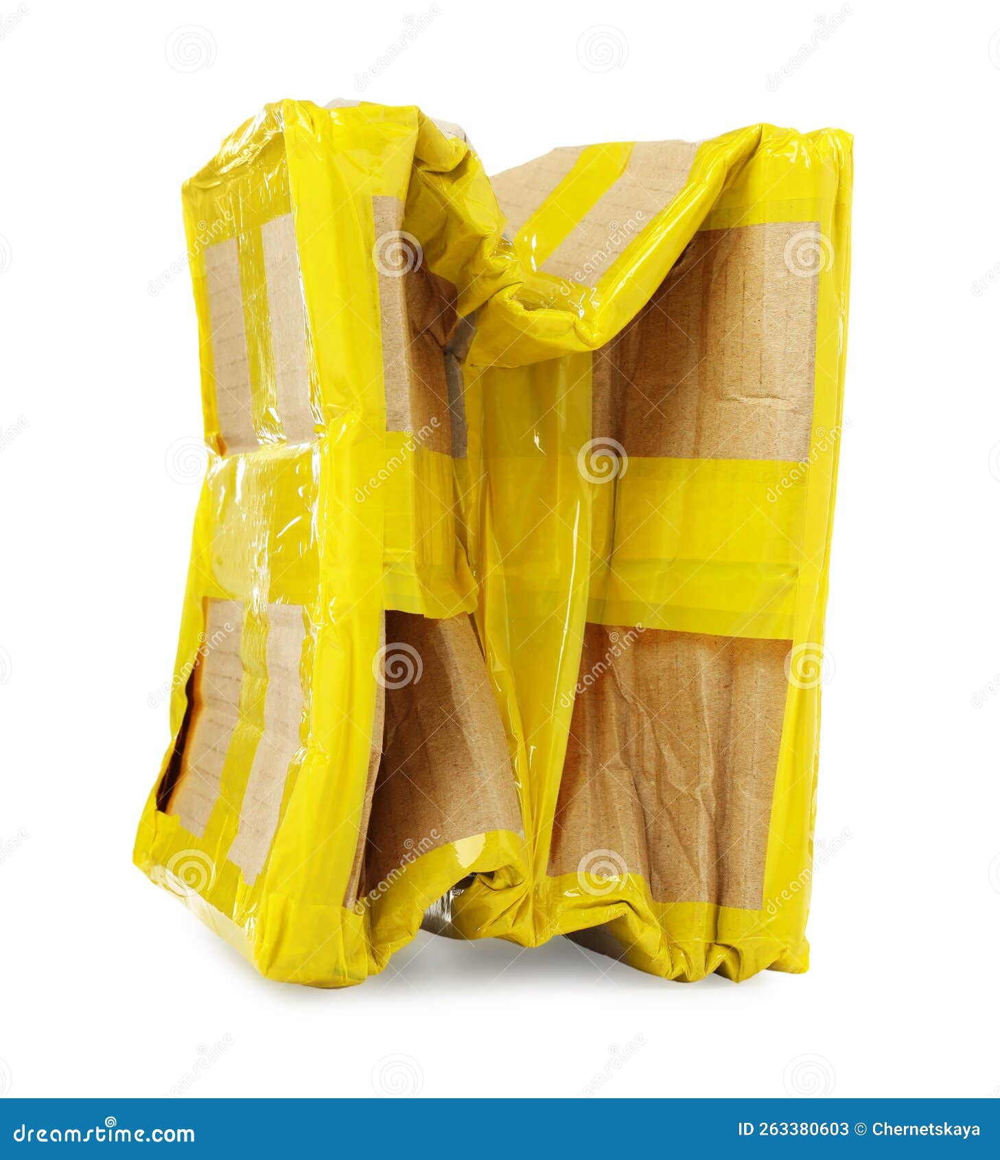 Crumpled Cardboard Parcel Box with Yellow Sticky Tape on White ...