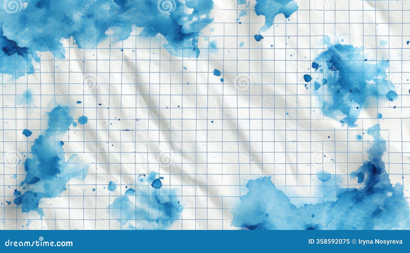 Crumpled Graph Paper with Blue Watercolor Splashes Creating Abstract ...