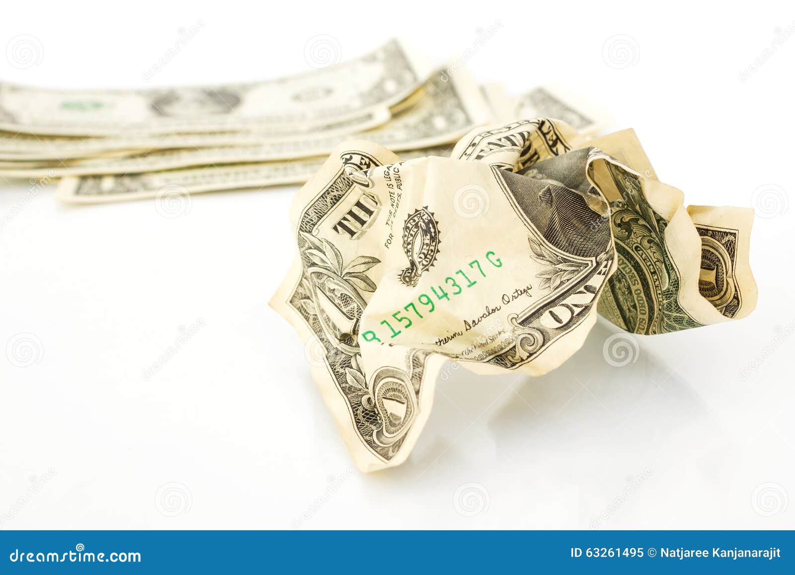 Crumpled One Dollar Bill on White Background. Stock Image - Image of ...