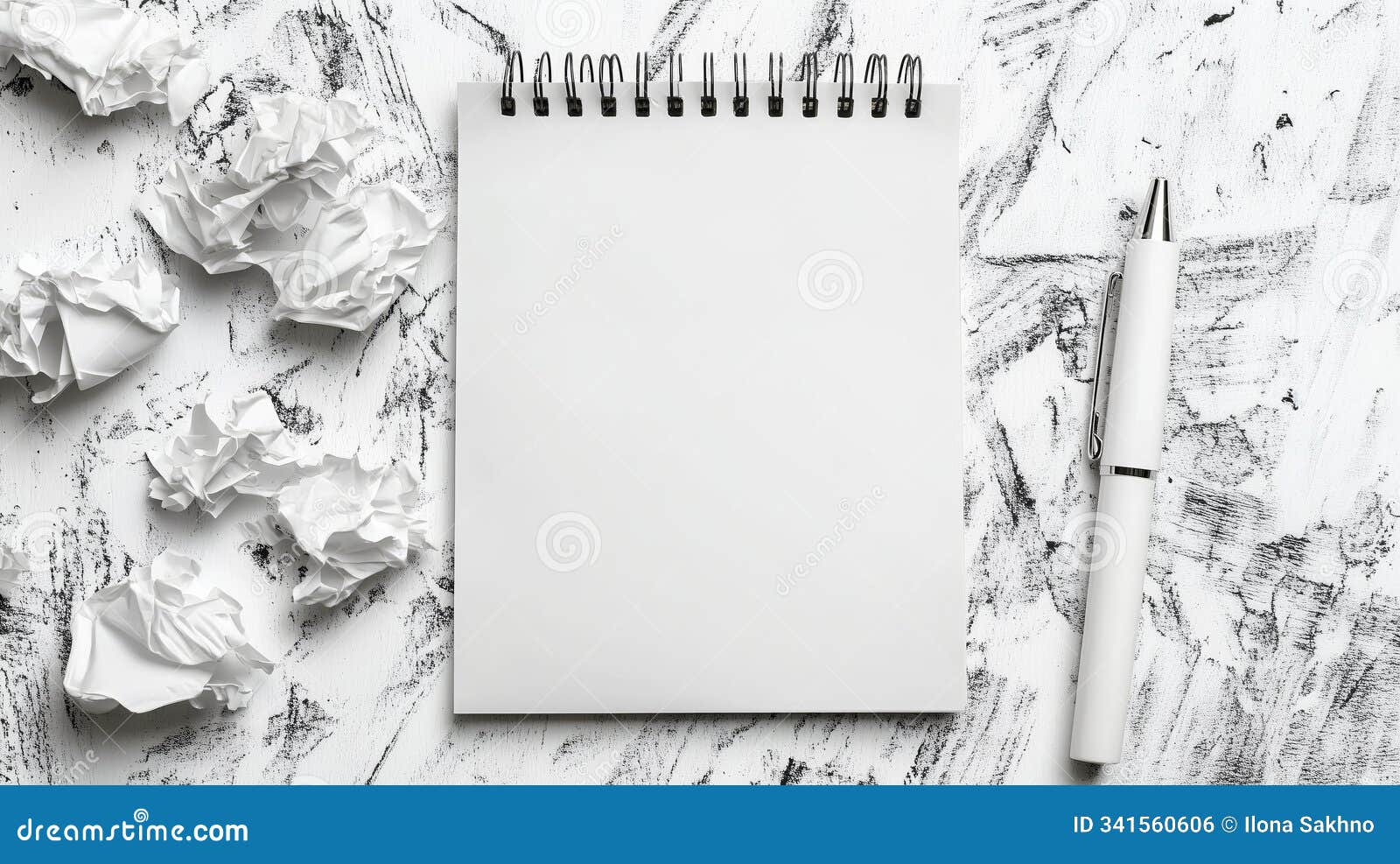 Crumpled Paper with Blank Notepad and Pen on Messy Surface Stock ...