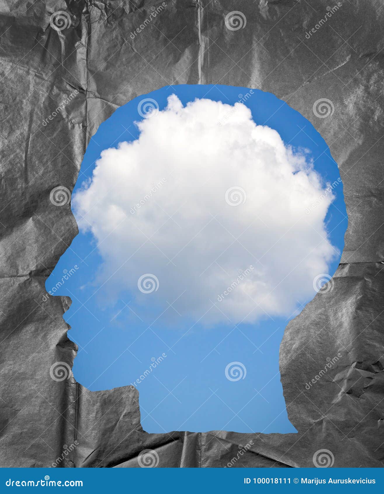 Crumpled Paper Shaped As a Human Head. Cloudy Sky Inside the Head Stock ...
