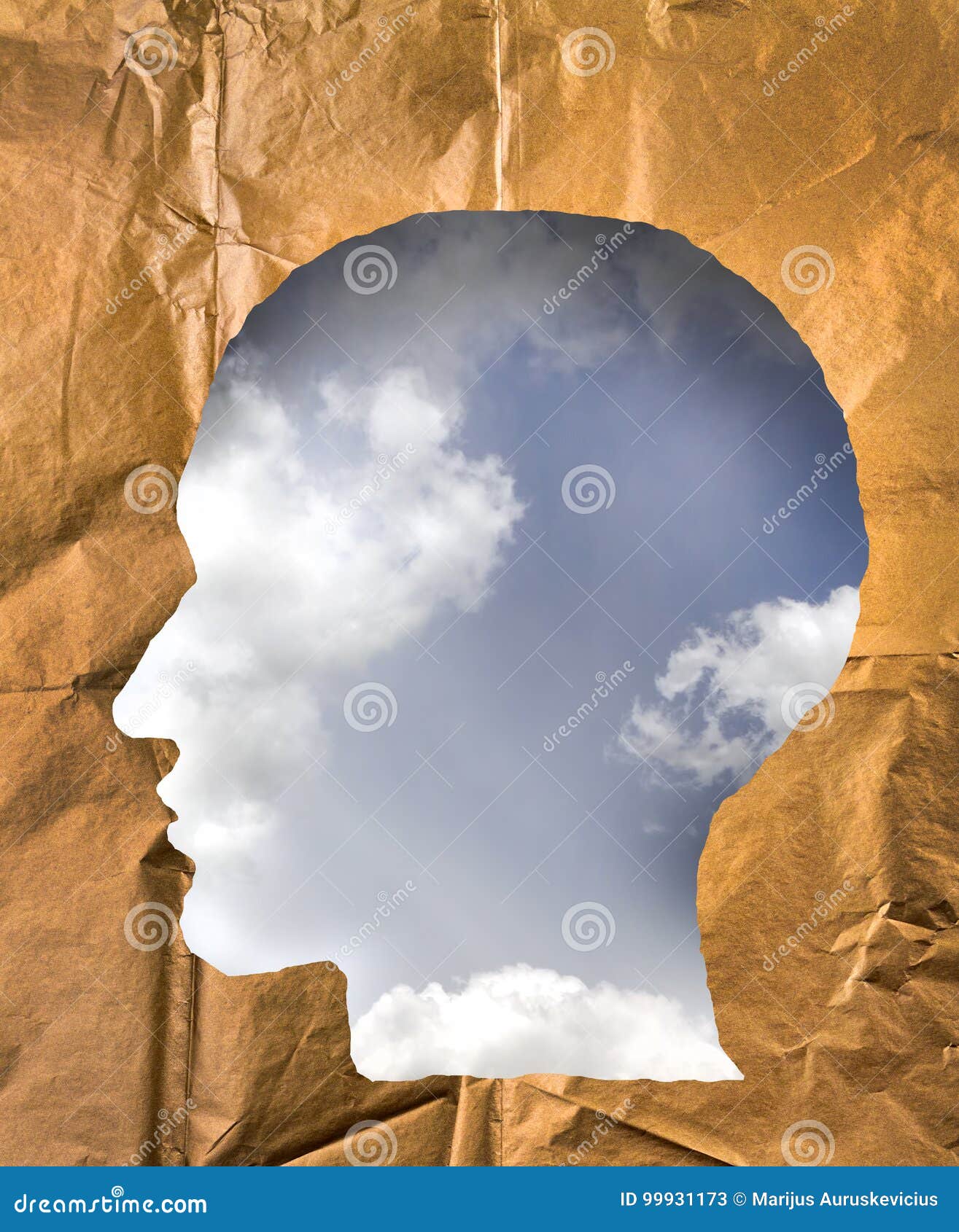 Crumpled Paper Shaped As a Human Head. Cloudy Sky Inside the Head Stock ...