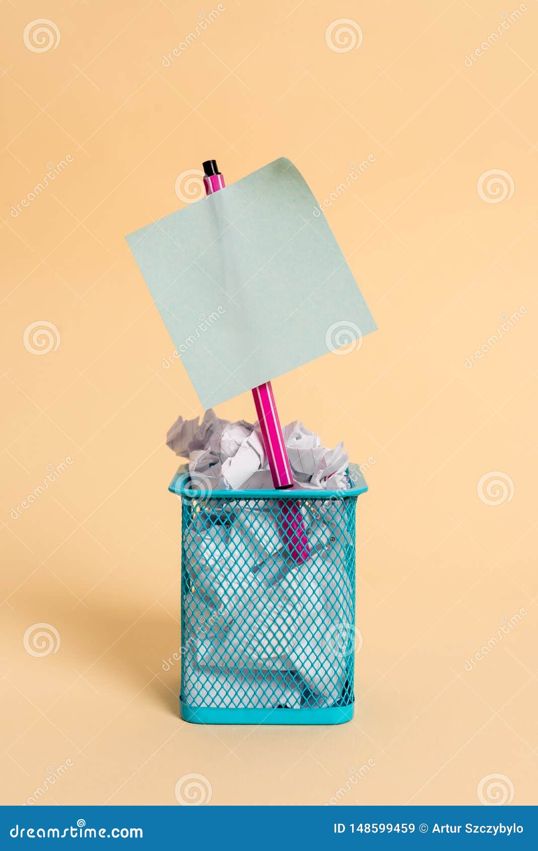 Crumpled Paper and Stationary in Trash Can. Note Sheet with Writing ...