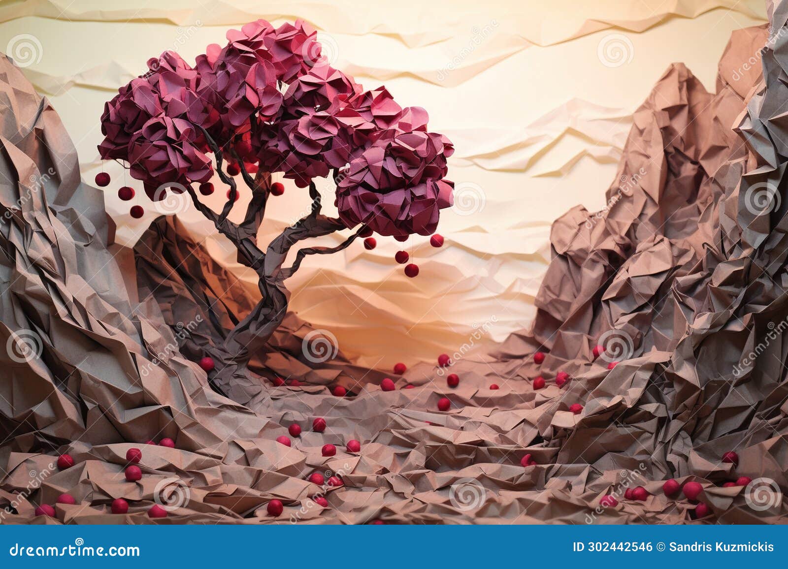 Crumpled Paper Trees with Berries. Generative AI Stock Illustration ...