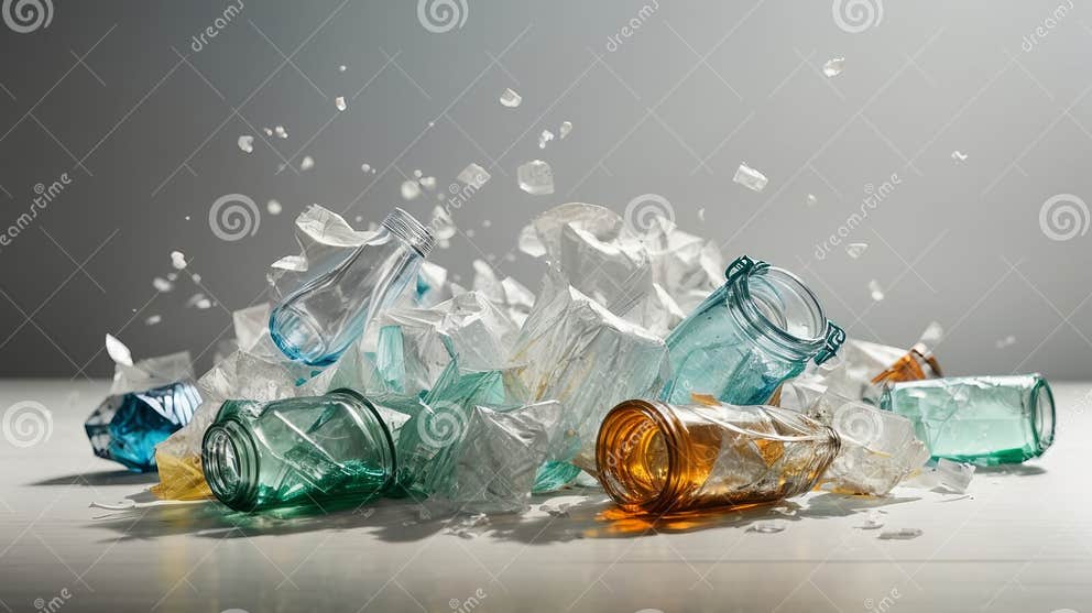 Crumpled Plastic Bottles Falling on a White Background. Stock ...