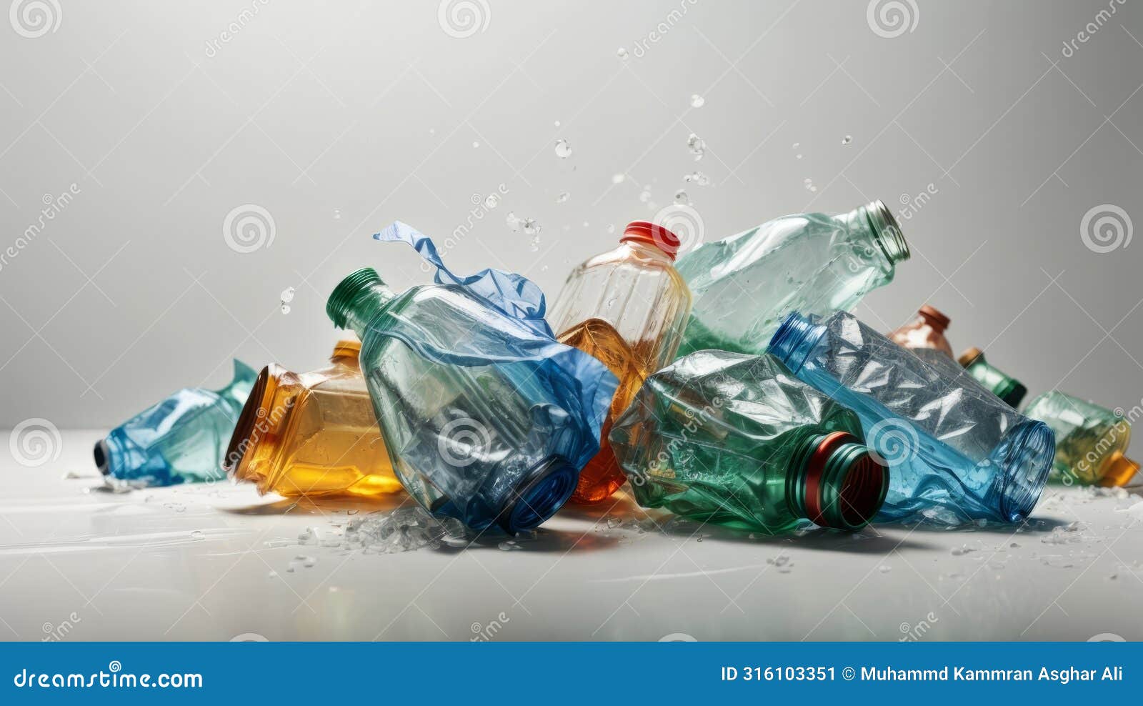 Crumpled Plastic Bottles Falling on a White Background. Stock ...