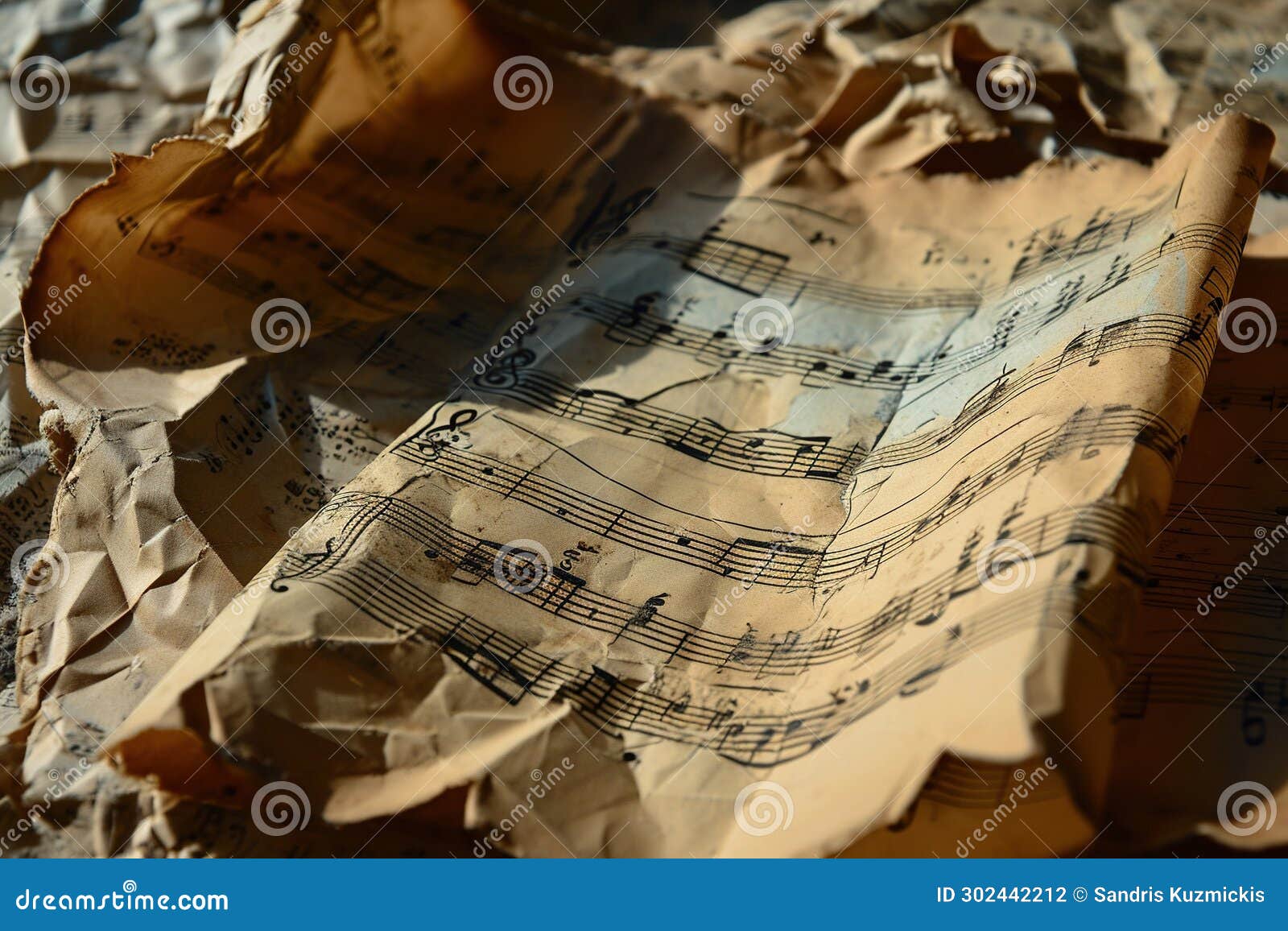 Crumpled Sheet Music on Crumpled Vintage Paper. Generative AI Stock ...
