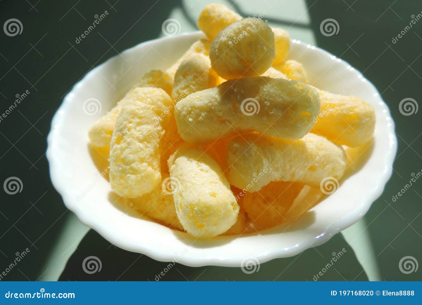 Crunchy Corn Snacks , Corn Sticks with Powdered Sugar, Contrast of ...