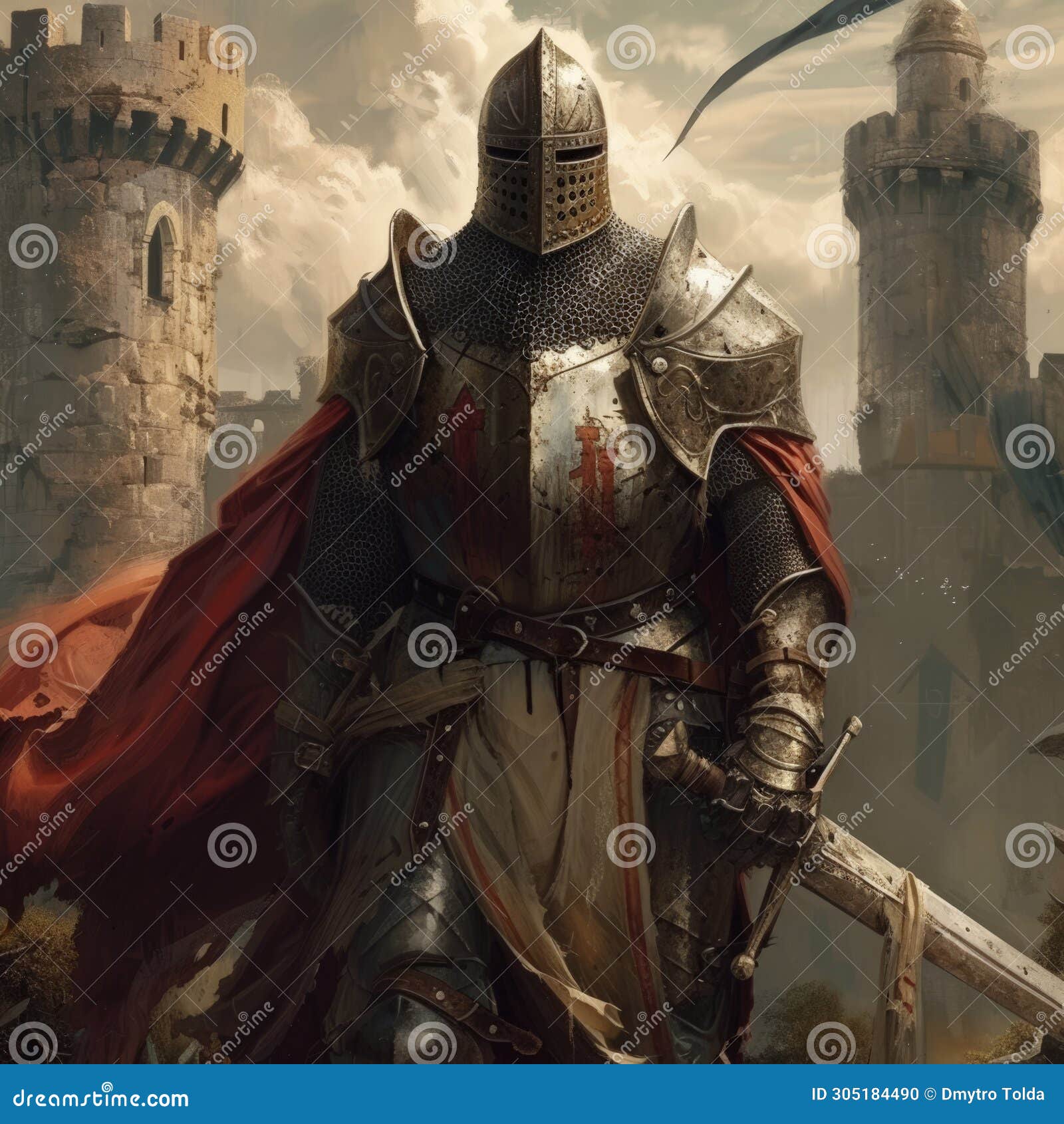 Crusader Knight with a Sword Against the Backdrop of an Ancient Castle ...