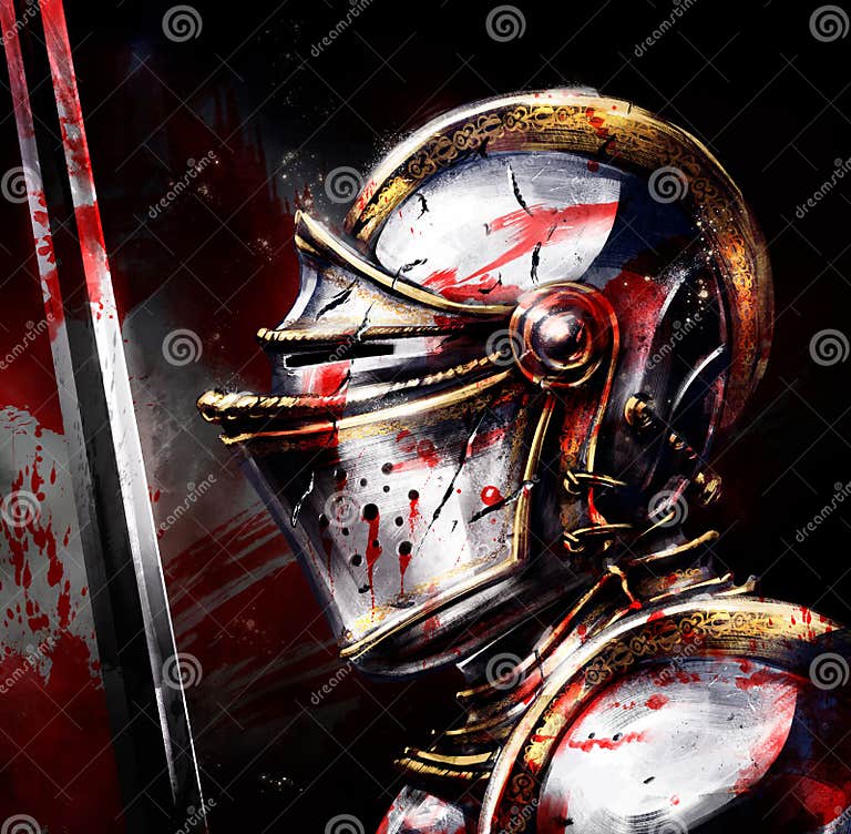 Crusader in Shiny Armor with Bloody Sword Stock Illustration ...