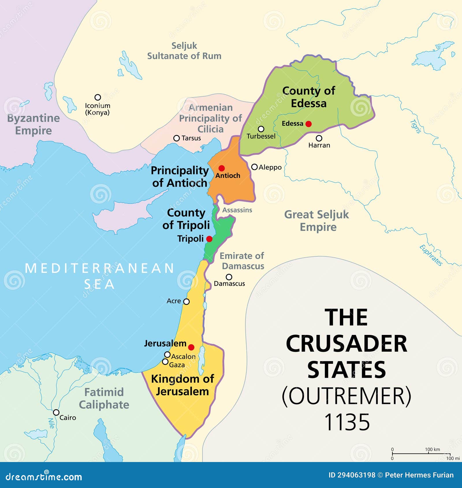 Crusader States at about 1135, Map of Outremer, Four Latin Catholic ...