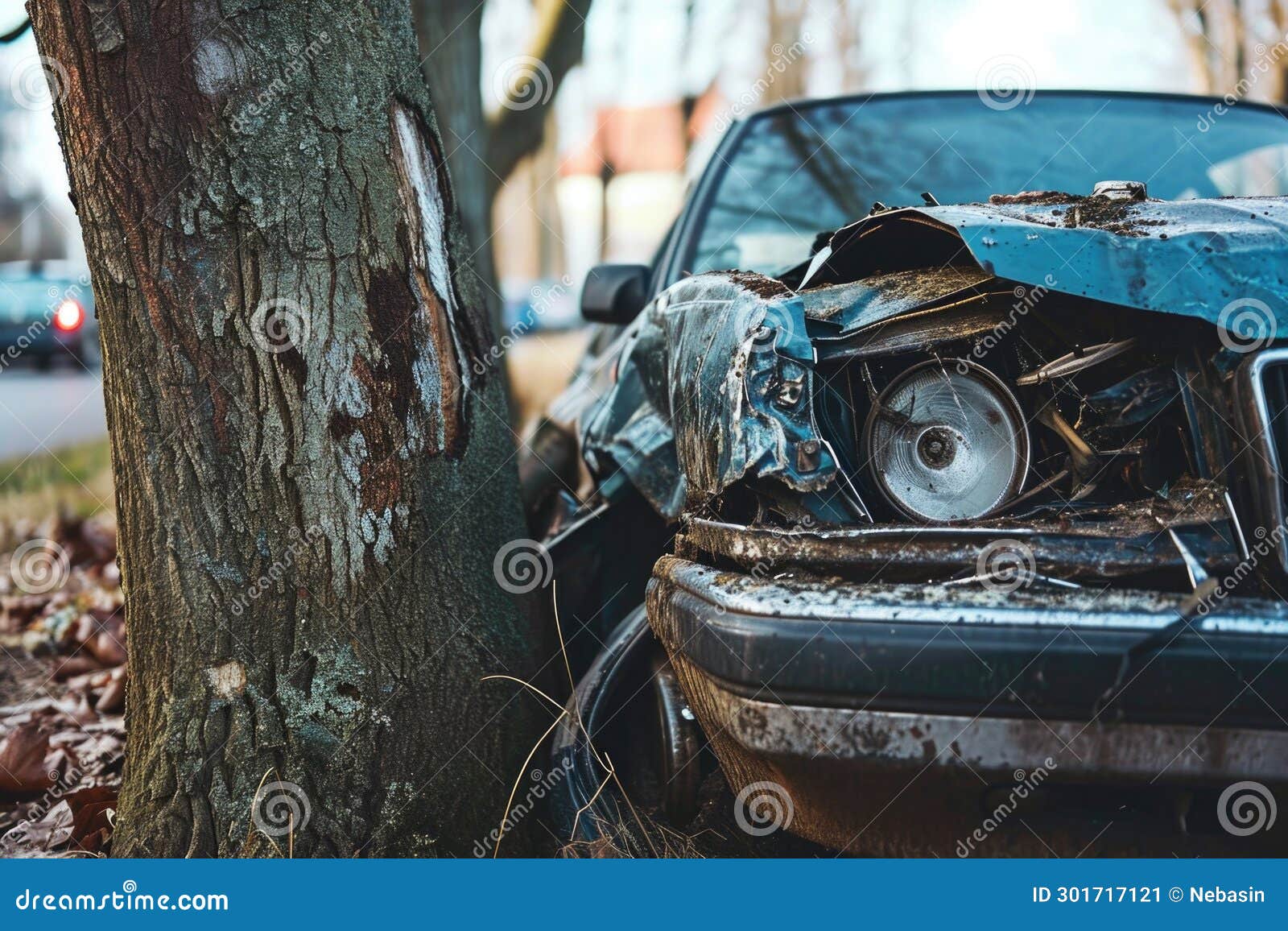 Crushed Car Front from Violent Collision with Tree Stock Image - Image ...