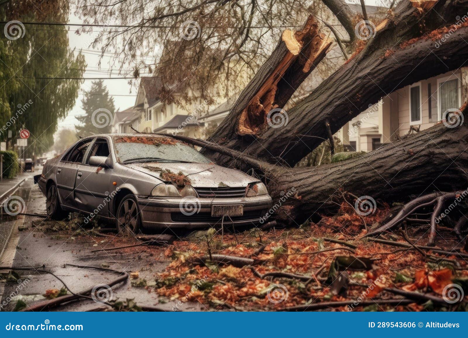Crushed Car Under a Fallen Tree on a Suburban Street Stock Photo ...