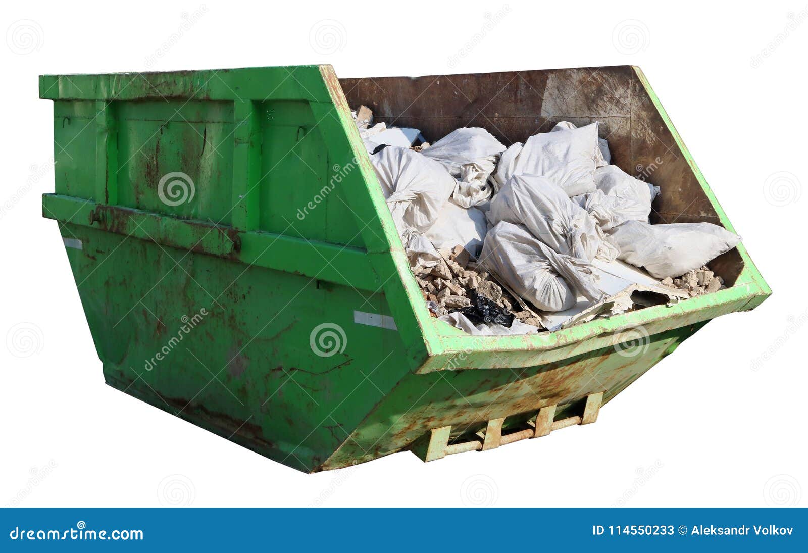 Crushed Rusty Green Container Filled with Construction Debris Stock ...