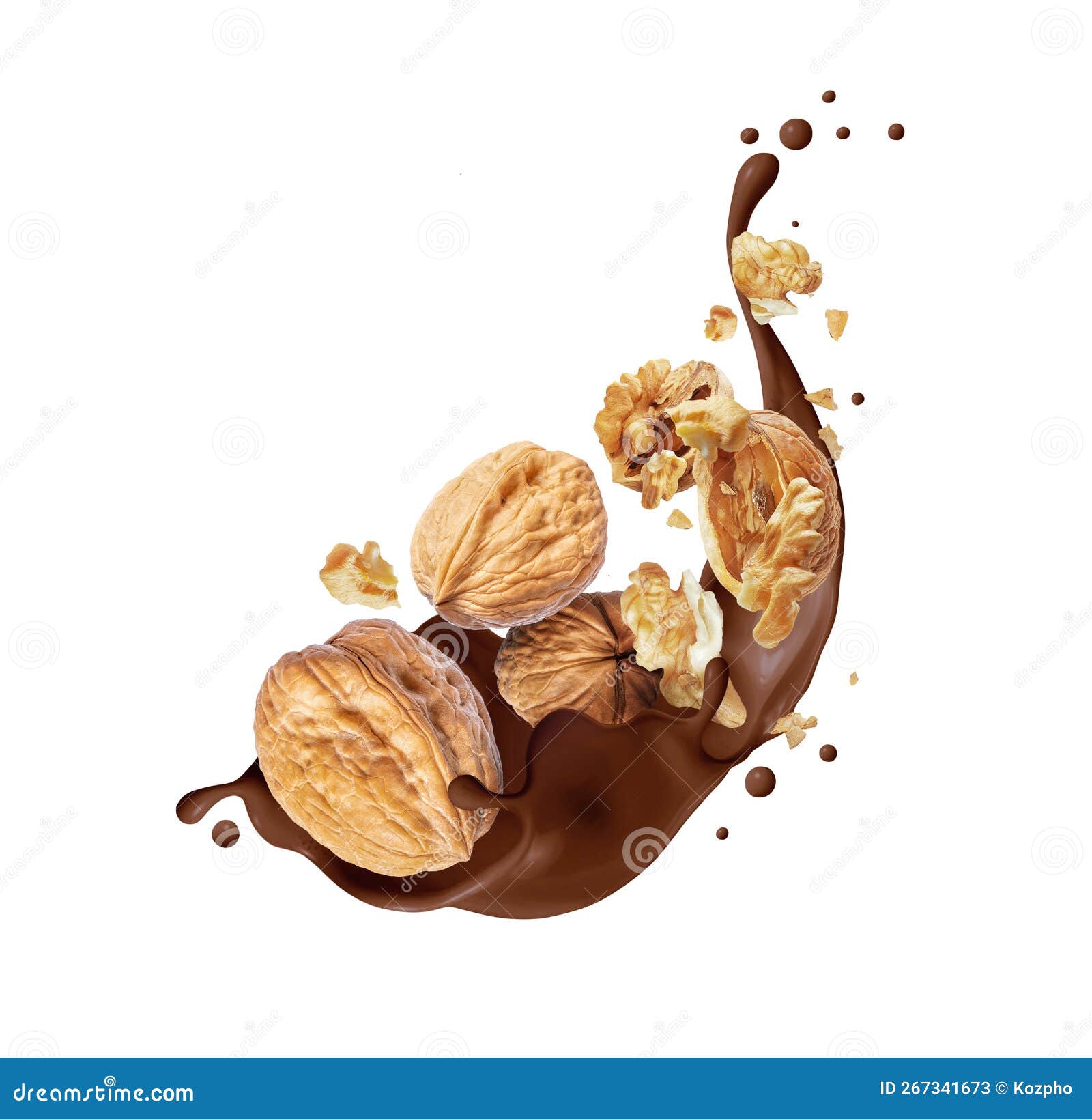 Crushed Walnuts in Chocolate Splash Isolated on a White Background ...
