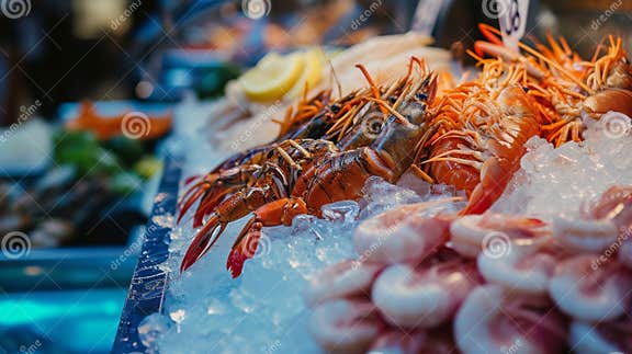 Crustaceans and Shellfish on Ice at Seafood Market Stock Image - Image ...