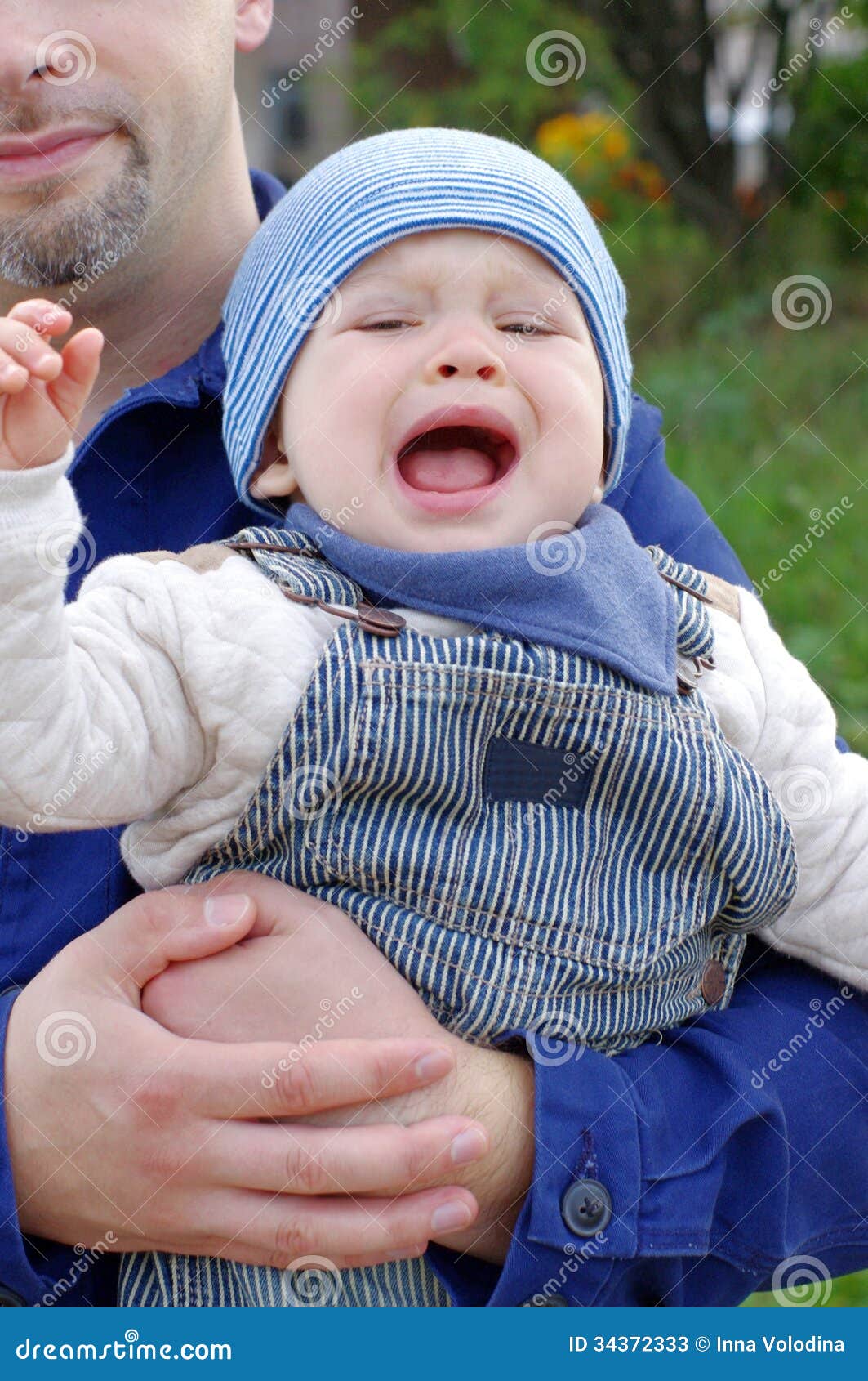 Crying Baby on Fathers Hands Outdoors Stock Image - Image of portrait ...