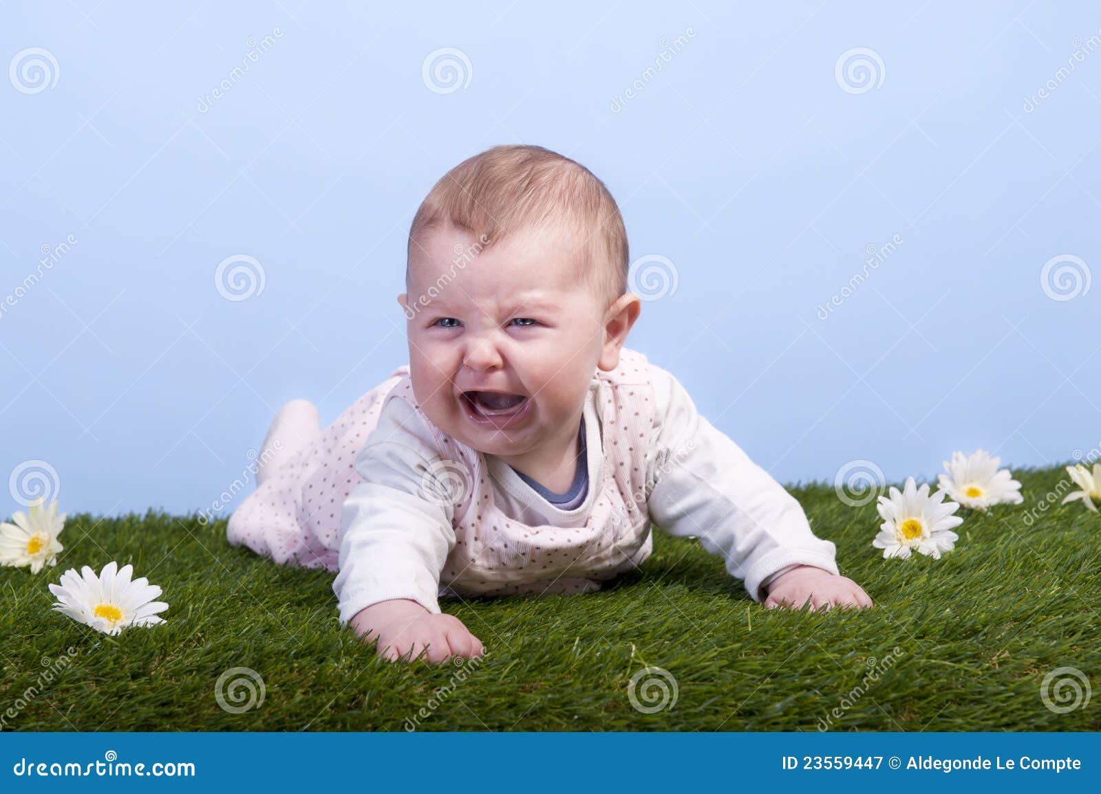 Crying Baby Lying on a Grass Field Stock Image - Image of caucasian ...