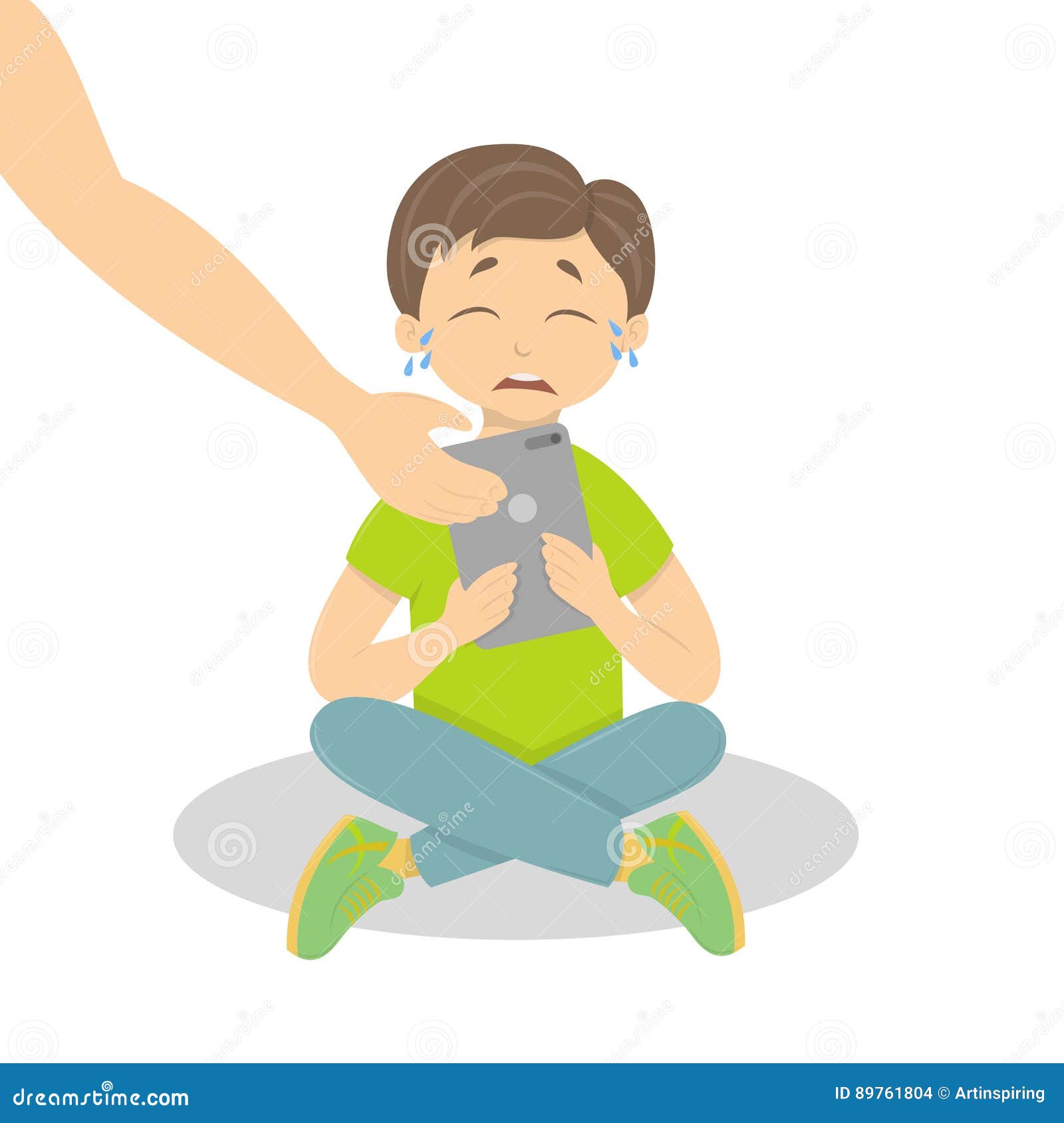 Crying boy with tablet. stock vector. Illustration of abuse - 89761804