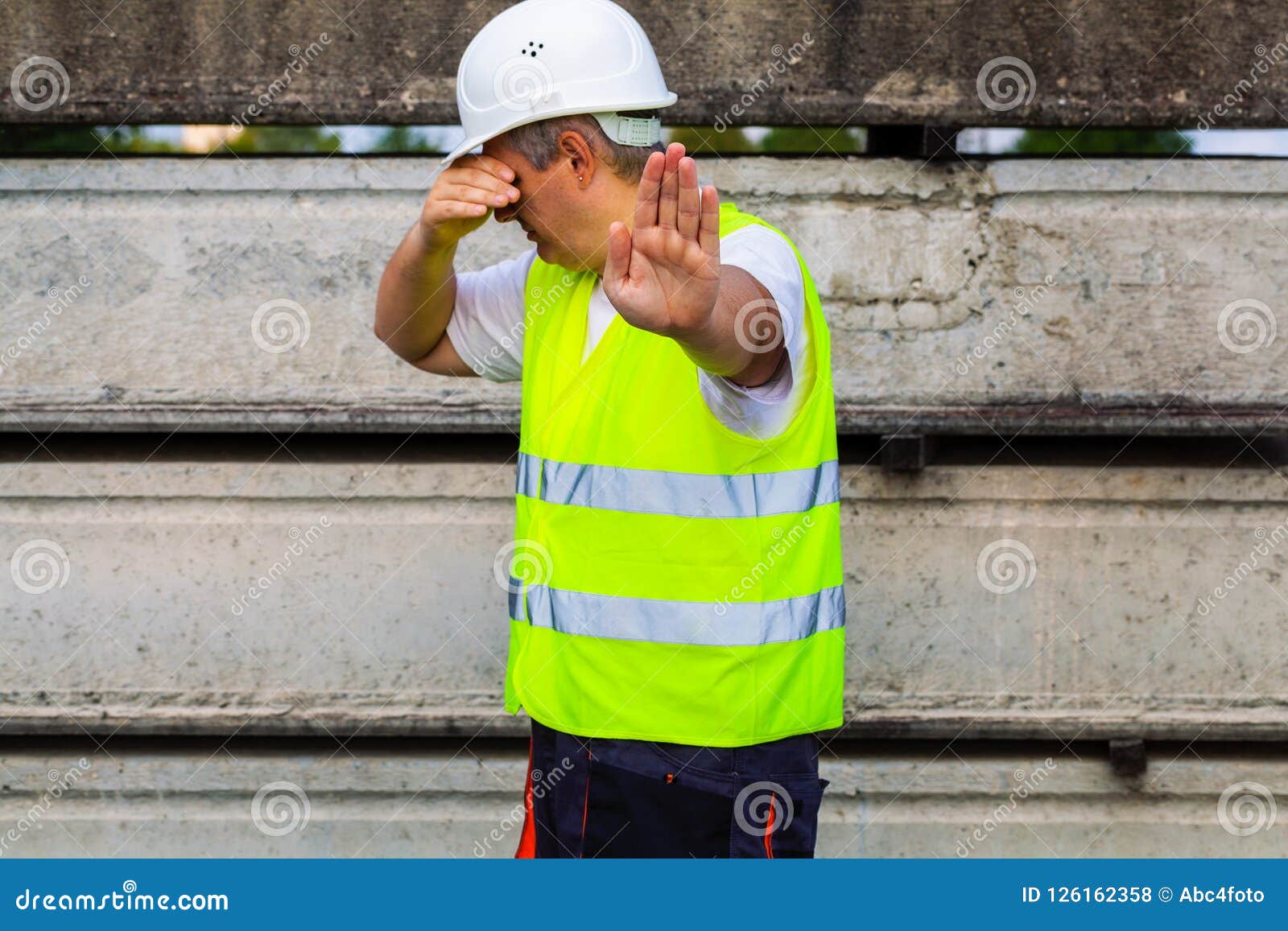 Crying Construction Worker Showing Stop Gesture Stock Photo - Image of ...