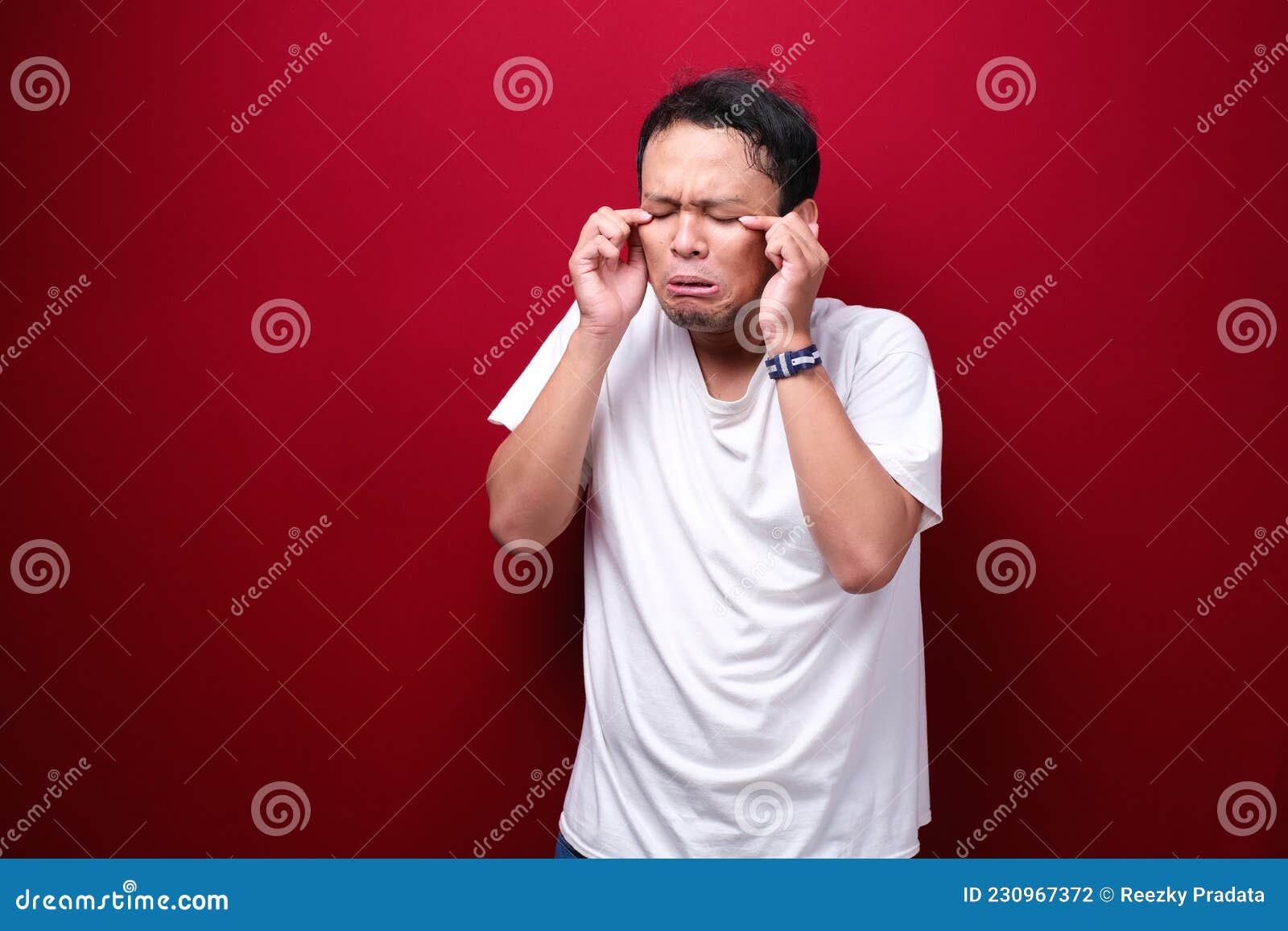 Crying Face of Young Asian Man with Hand Gesture. Advertising Model ...