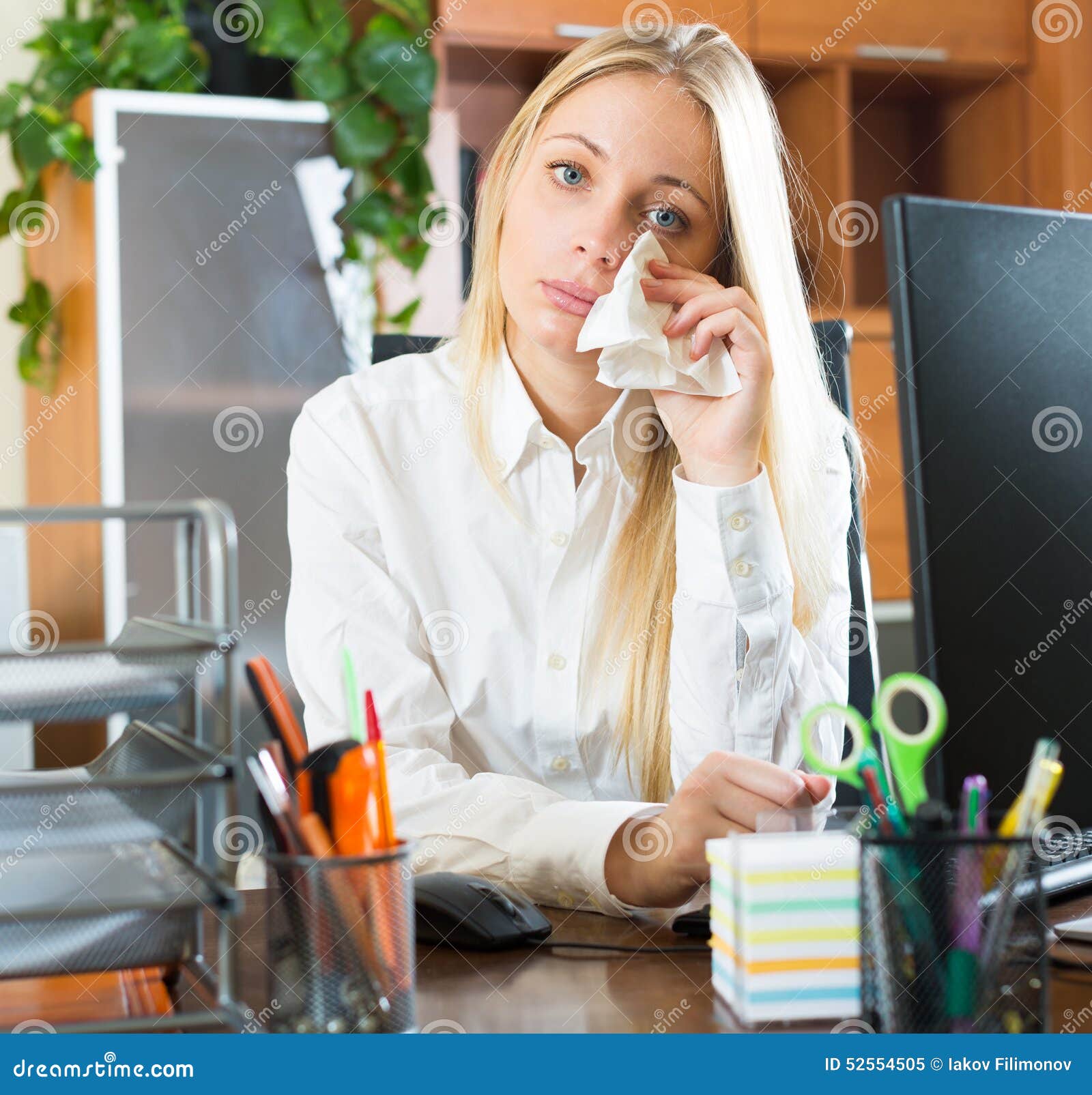 Crying girl in the office stock image. Image of european - 52554505