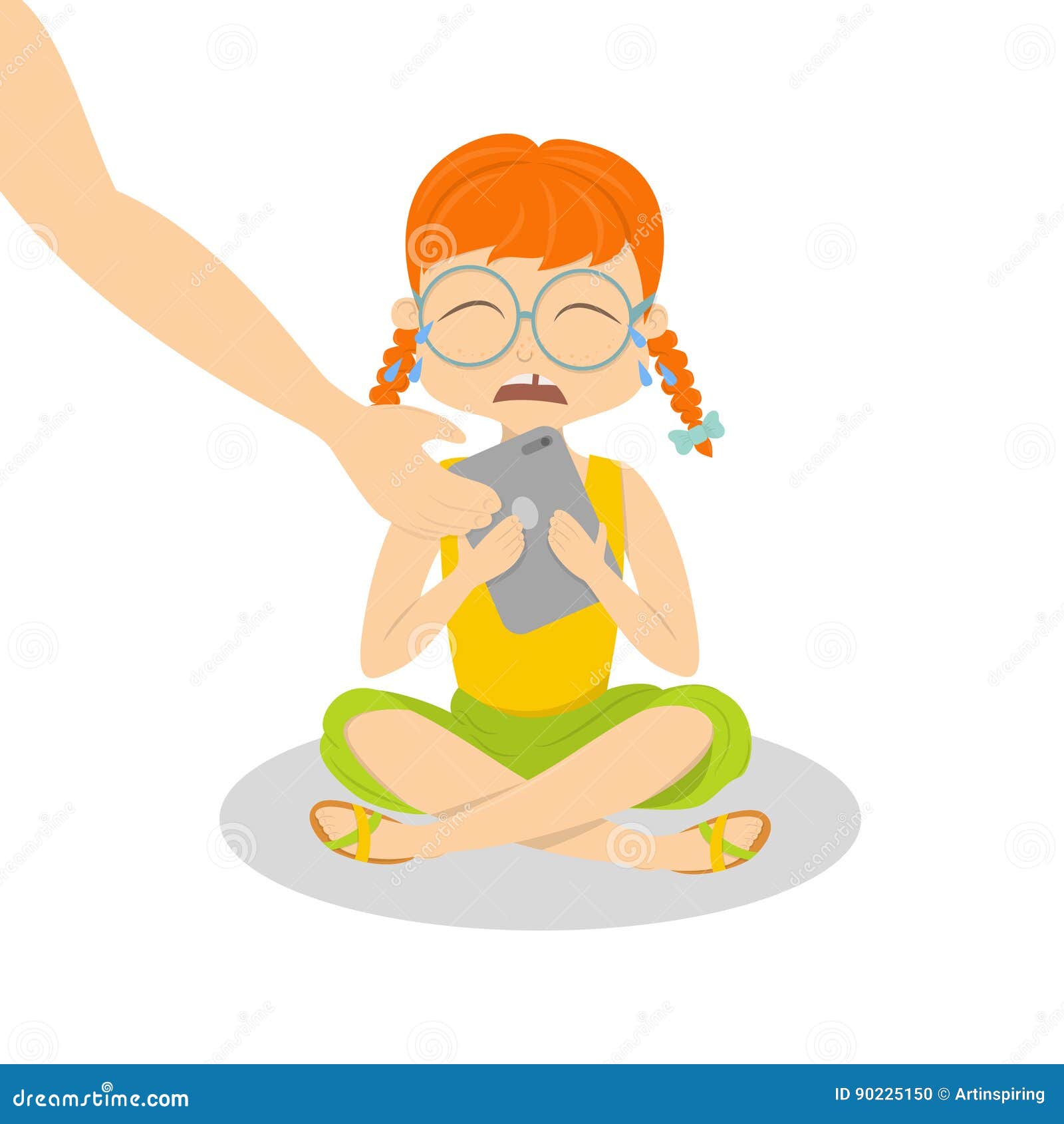 Crying girl with tablet. stock vector. Illustration of tablet - 90225150