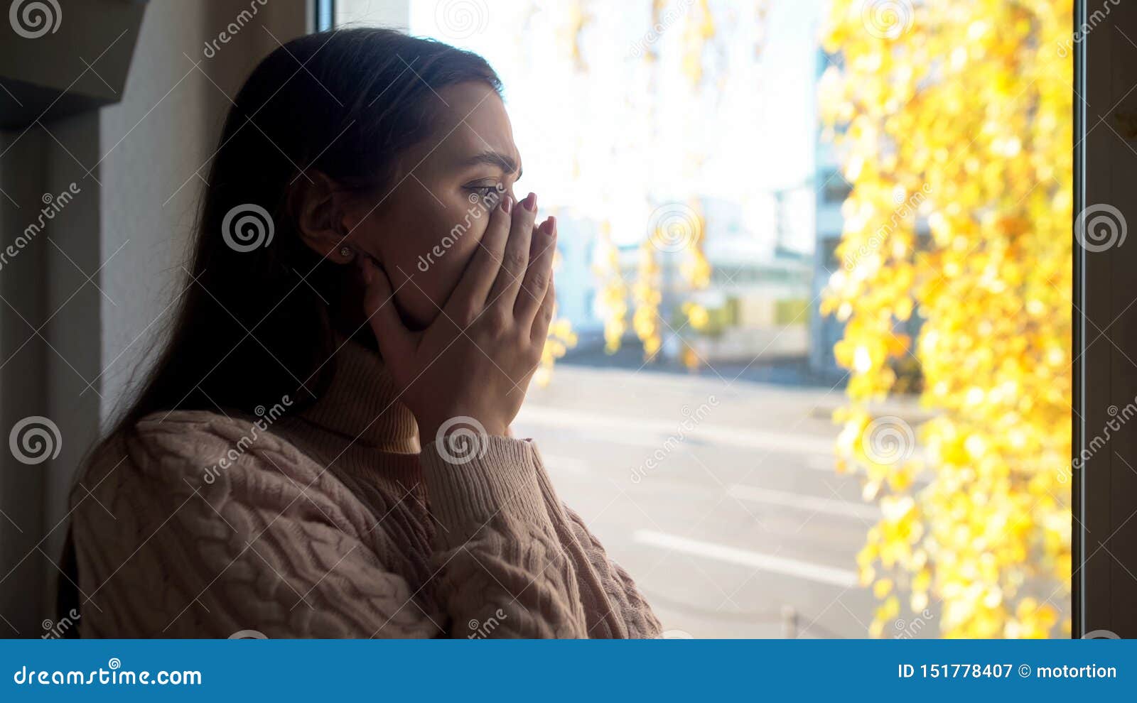 Crying Lady Looking through Window, Afraid of Going Outdoors ...