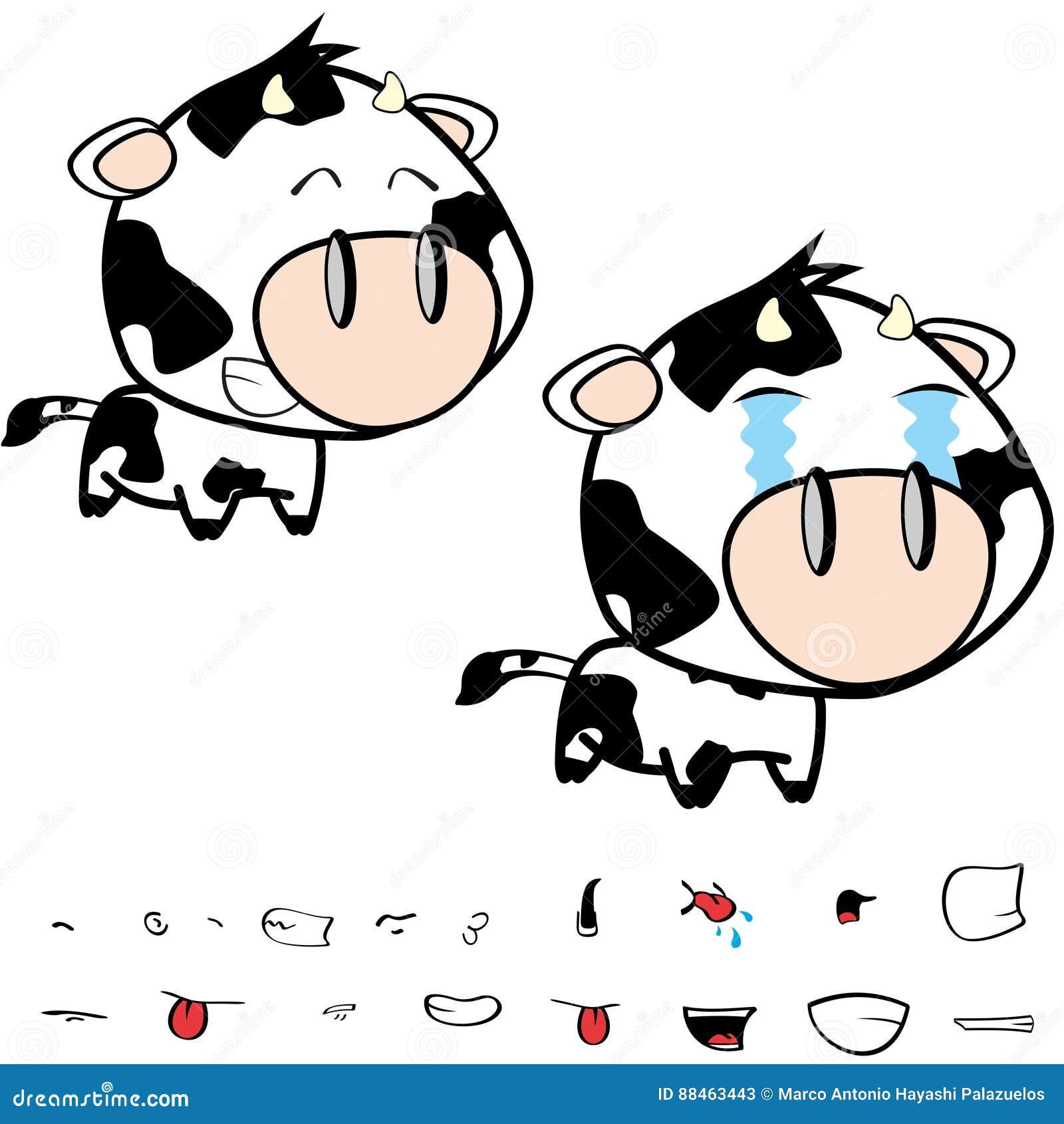 Crying Little Big Head Cow Expressions Set Stock Vector - Illustration ...
