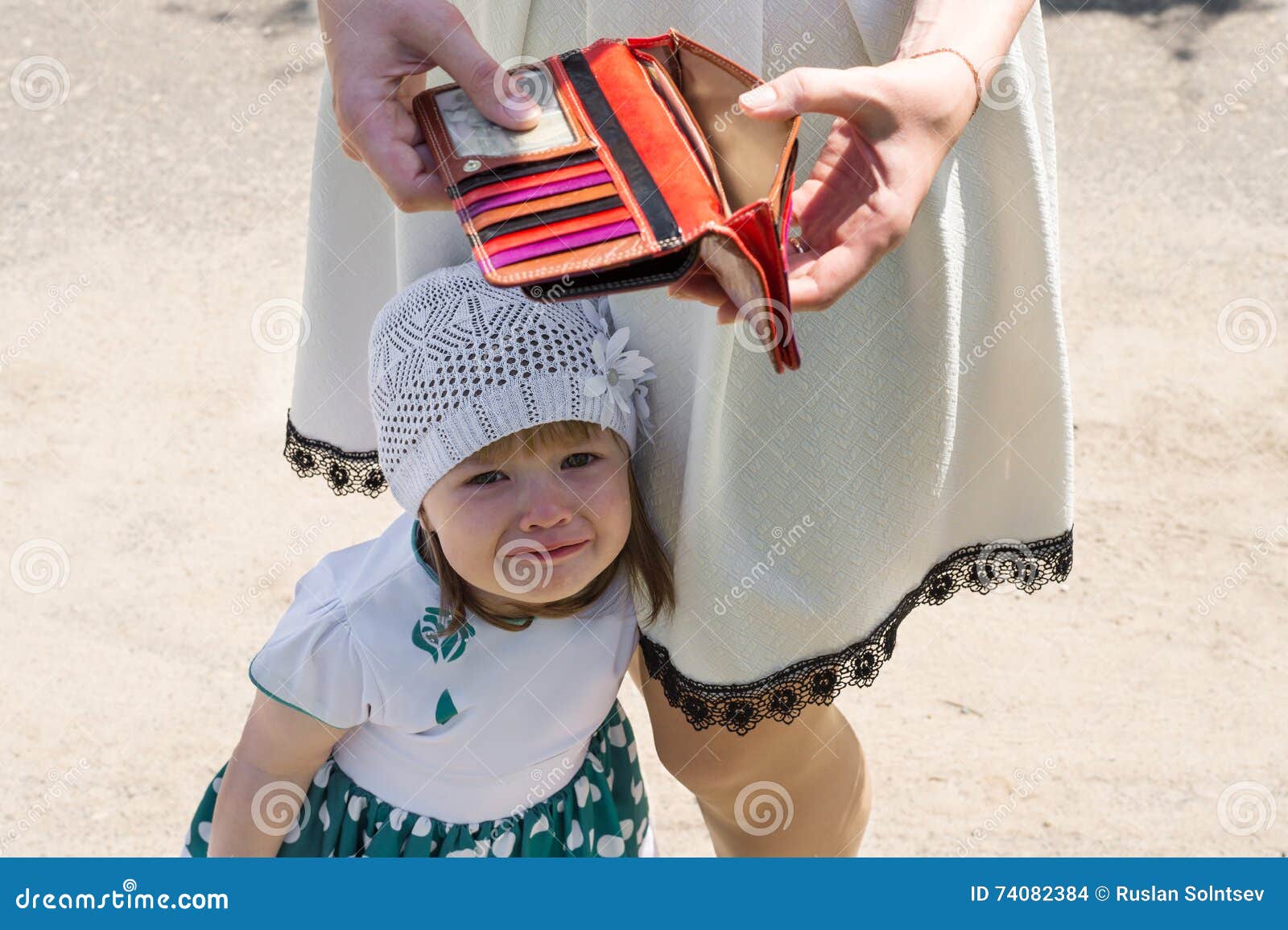 Crying Little Girl and Empty Wallet Stock Photo - Image of purse ...