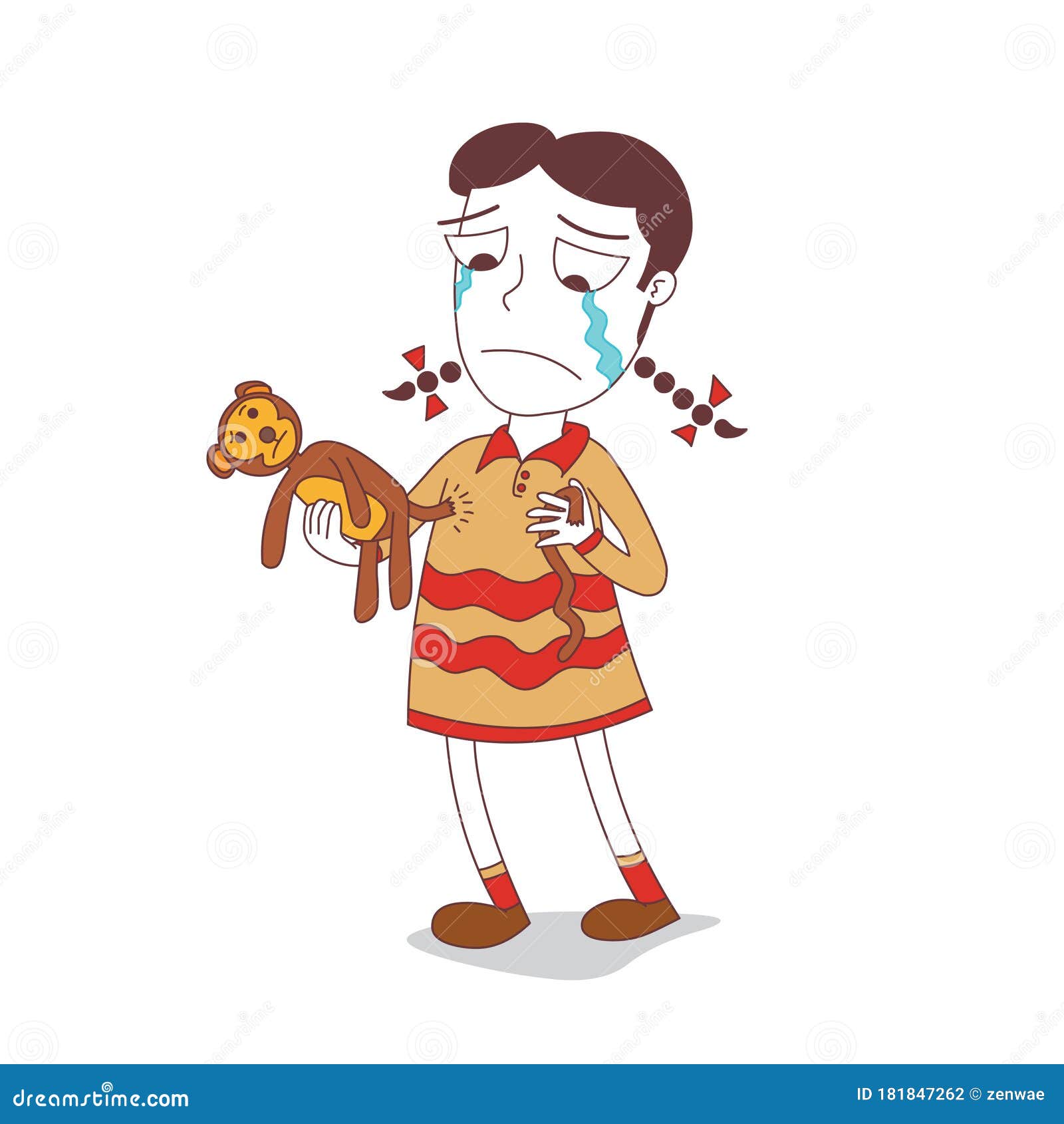 Crying Little Girl and Her Monkey Doll Stock Vector - Illustration of ...