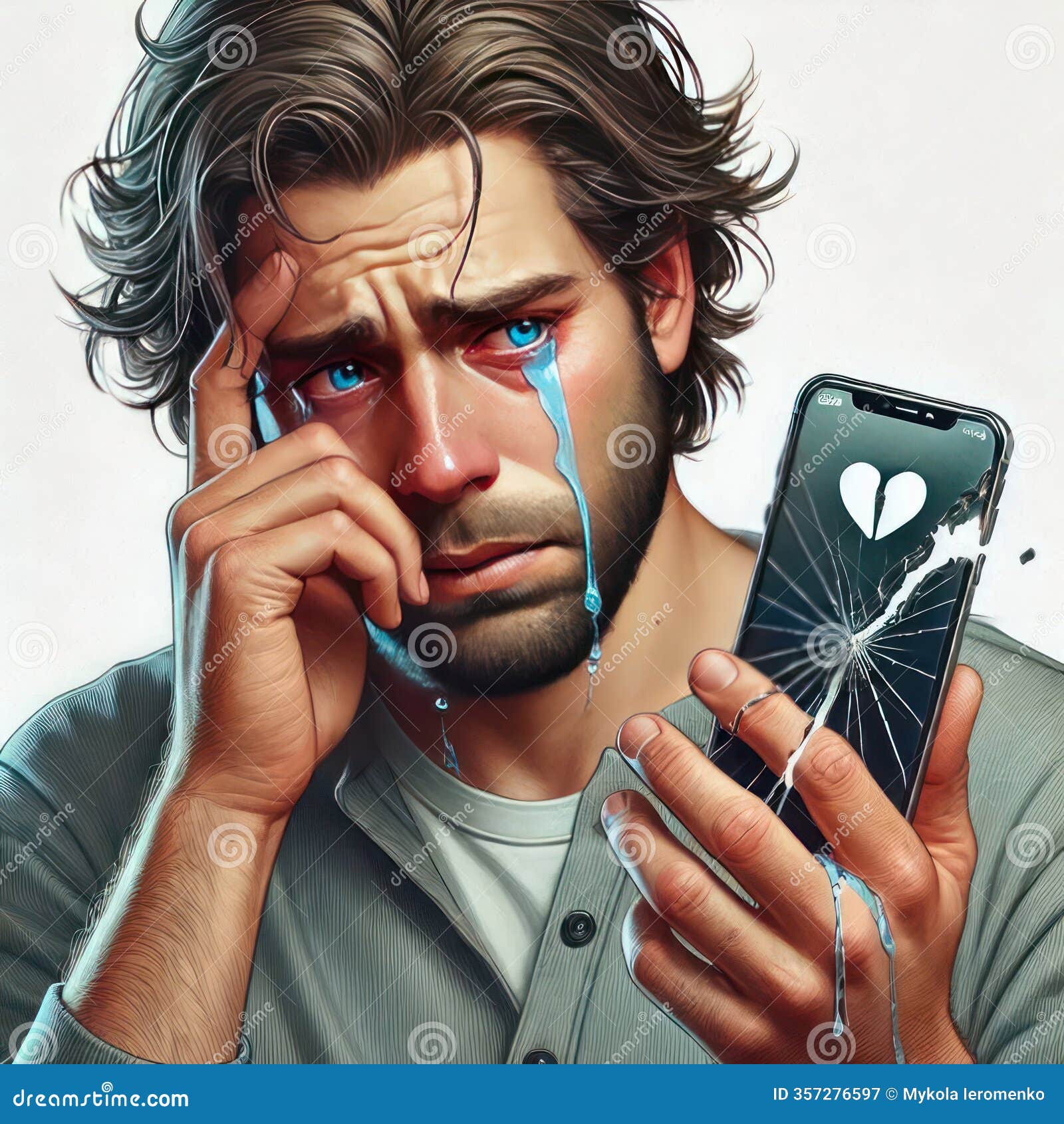 A Crying Man with a Broken Phone and a Broken Heart Symbol. Space for ...