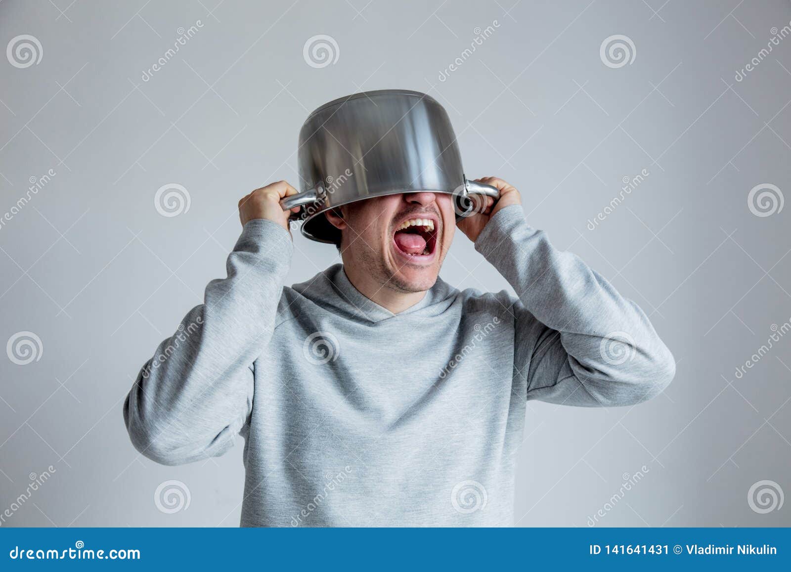Crying Man with Pan on Head O Stock Image - Image of crying, single ...