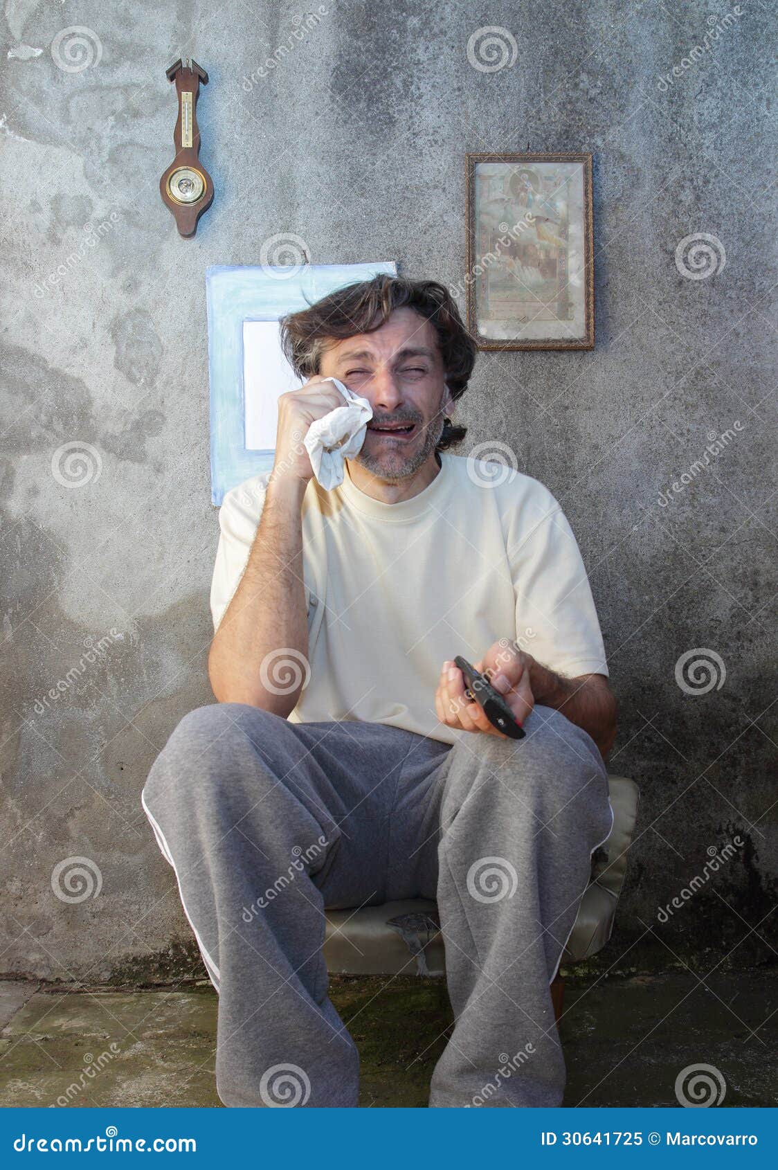 Crying Man with Remote Control Stock Image - Image of handkerchief ...