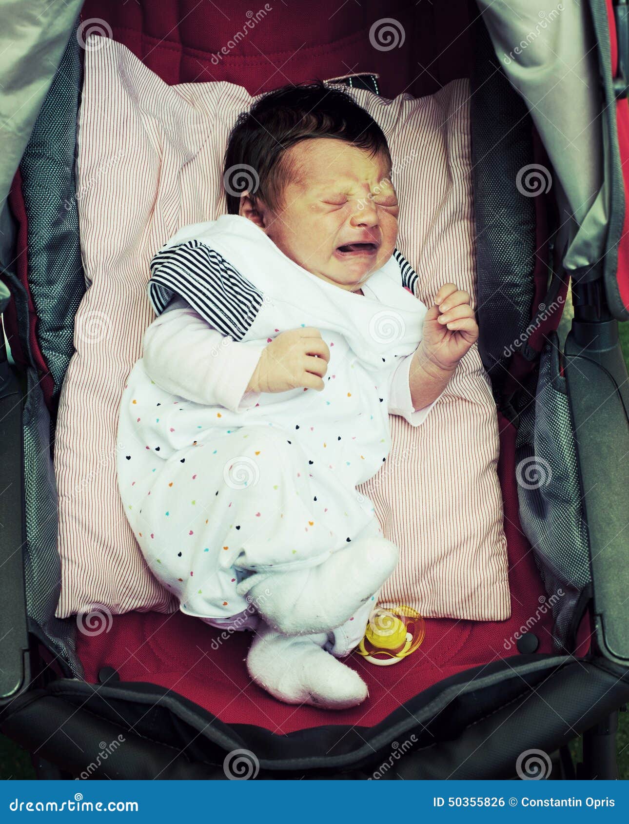 Crying Newborn in His Stroller Stock Photo - Image of screaming ...